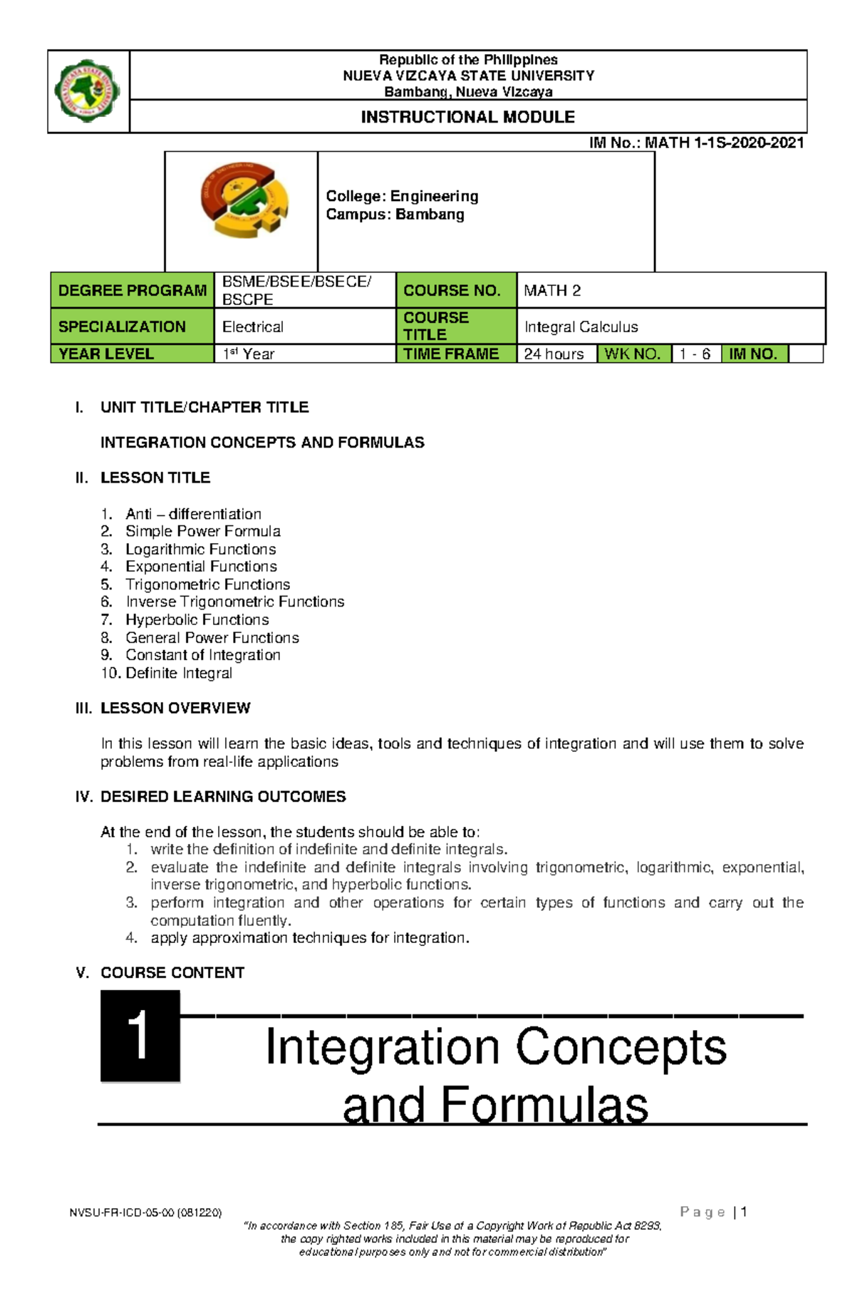 Integral Module- Final Part 1 - NUEVA VIZCAYA STATE UNIVERSITY Bambang ...