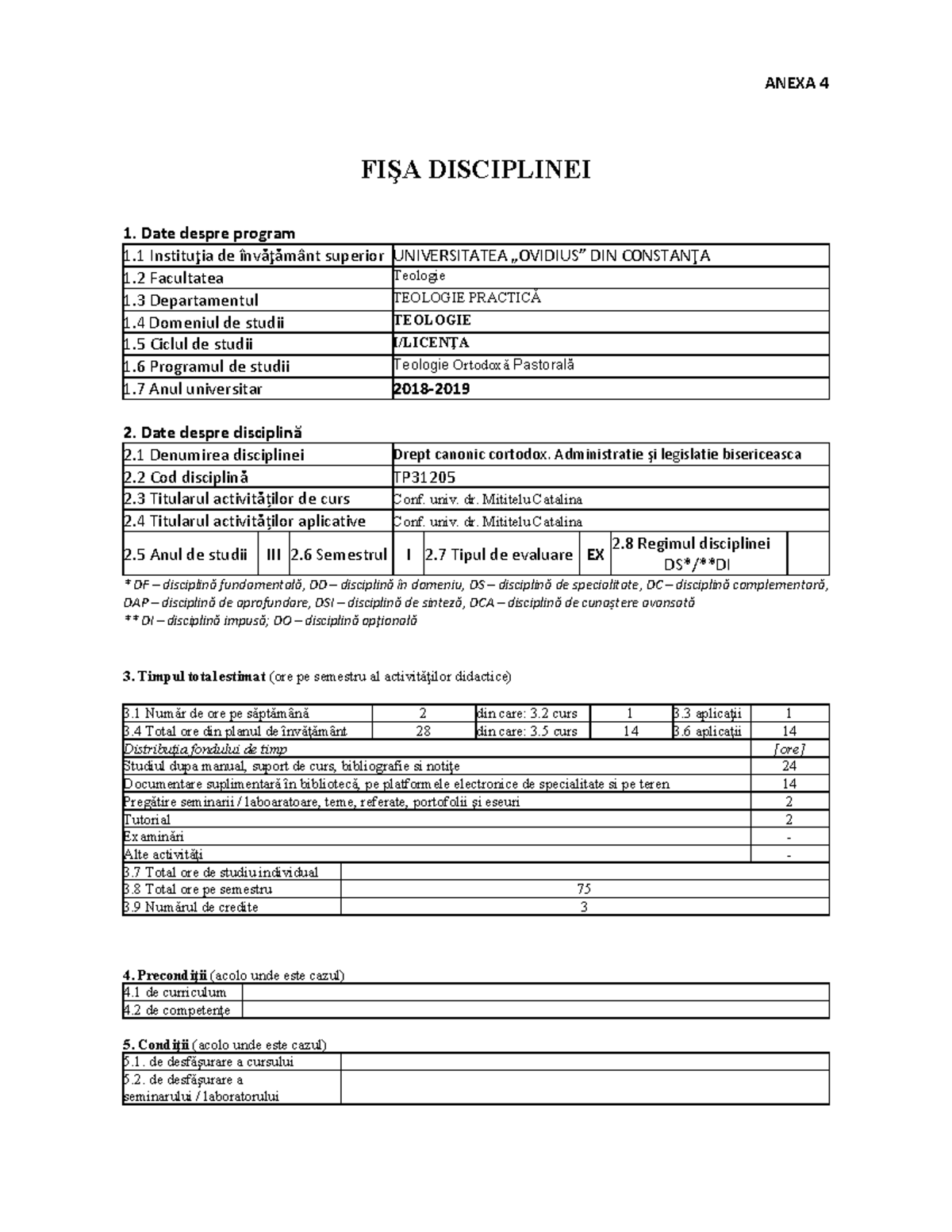 Fisa disciplinei drept canonic Mititelu Catalina - ANEXA 4 FIŞA ...