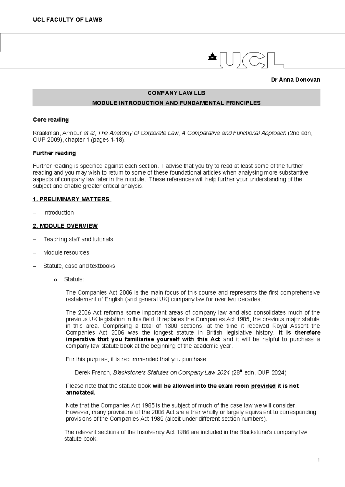 Lecture 1 - introduction - UCL FACULTY OF LAWS Dr Anna Donovan COMPANY ...