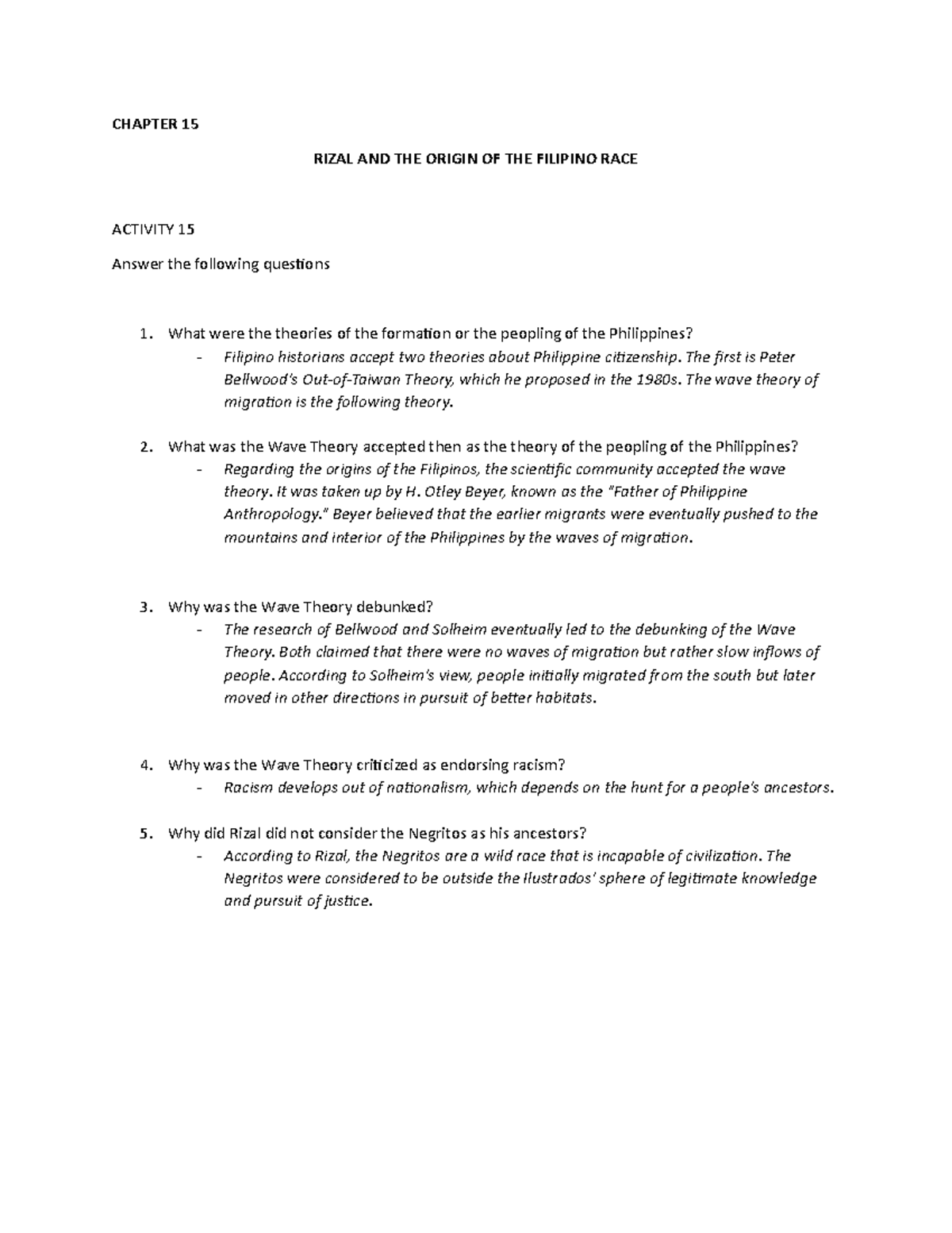 R15 - Rizal-Chapter-15 - CHAPTER 15 RIZAL AND THE ORIGIN OF THE FILIPINO RACE ACTIVITY 15 Answer ...