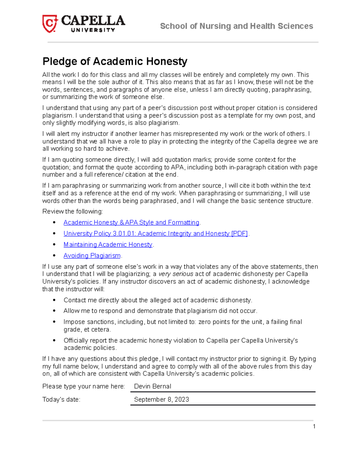 Bernal Devin Nhsfpx 5004 Academic Honesty-1 - Pledge of Academic ...