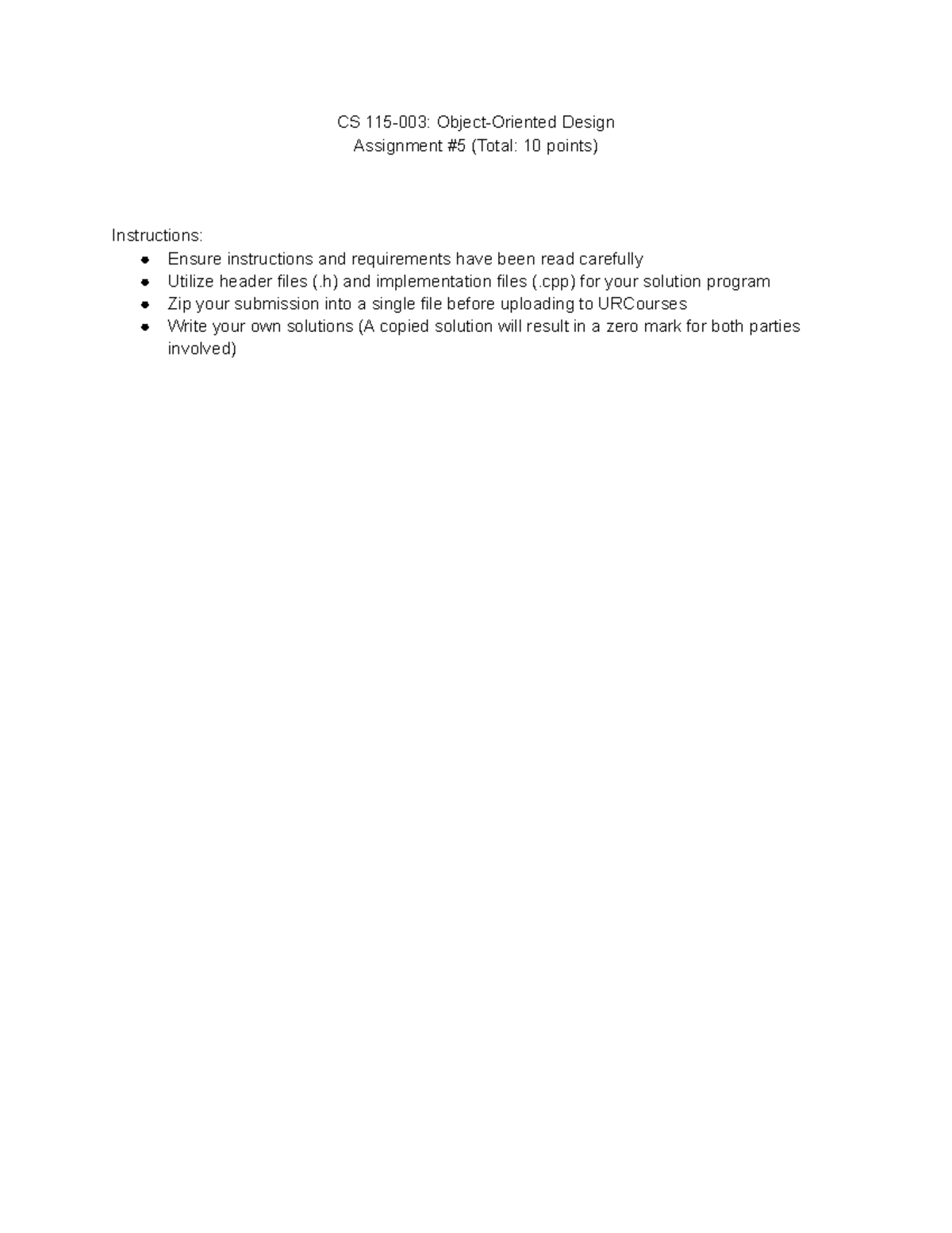 CS 115-003 OOD Assignment#5 all qustions - CS 115-003: Object-Oriented Design Assignment #5 ...