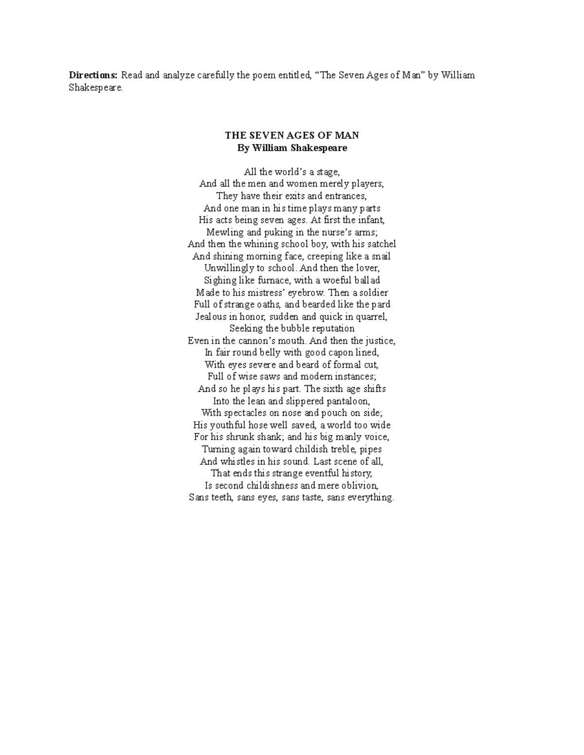 THE Seven AGES OF MAN - literature summary - Directions: Read and ...