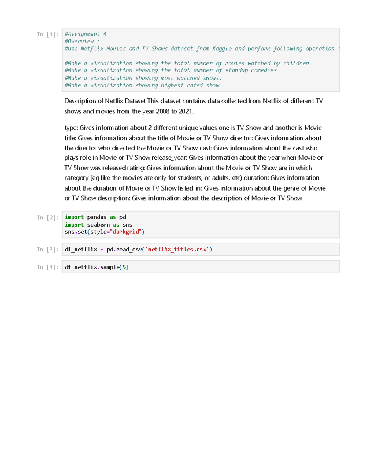 Assignment 4 - Description of Netflix Dataset This dataset contains ...