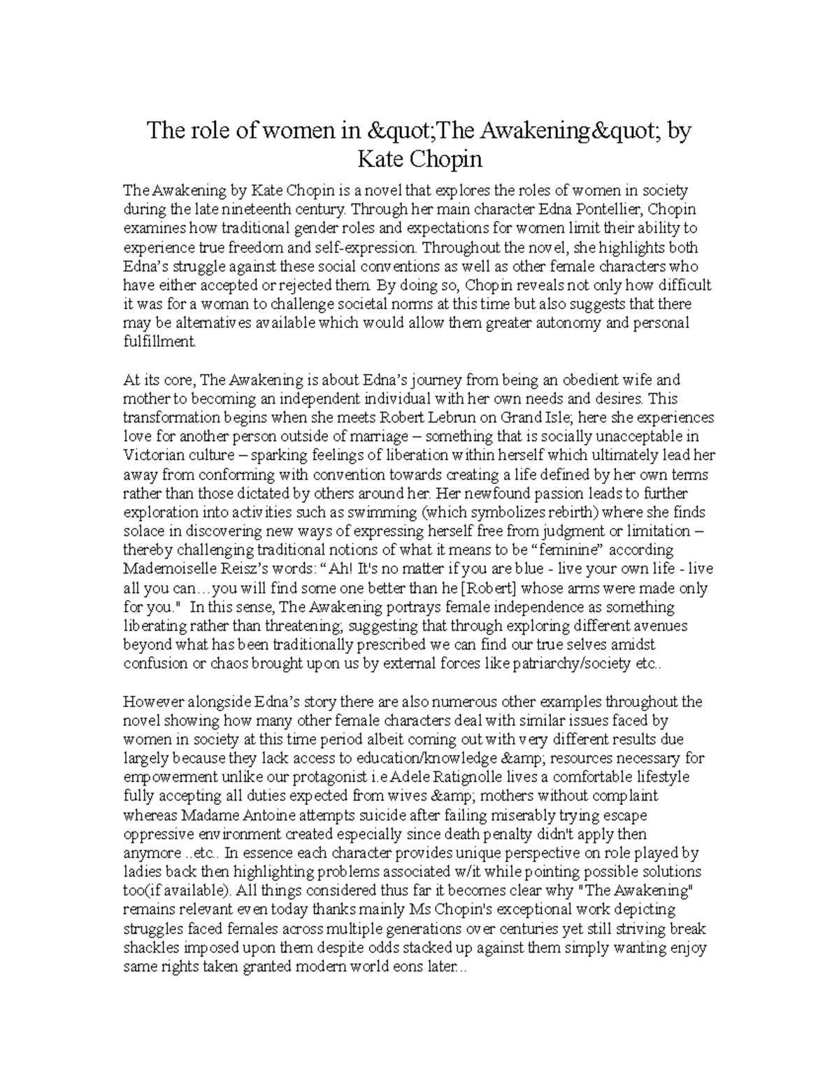 American literature - The role of women in "The Awakening" by Kate ...