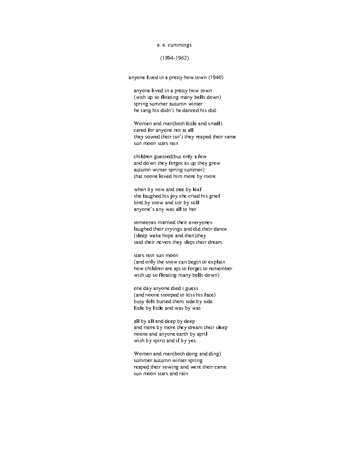Poems cummings, ee anyone lived in a pretty how town (1940) analysis ...