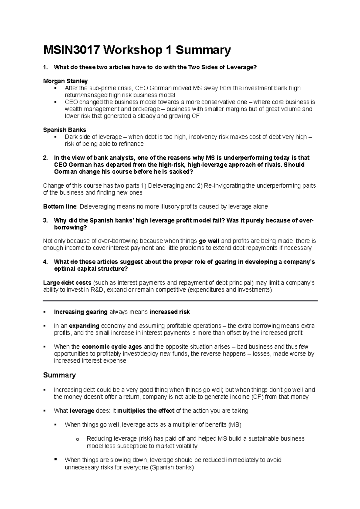 MSIN3017 Workshop 1 Notes - MSIN3017 Workshop 1 Summary 1. What do ...