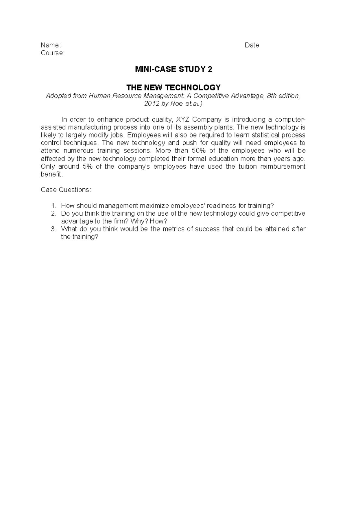 Mini Case Study 2 This Is The Mini Case Study Name Date Course