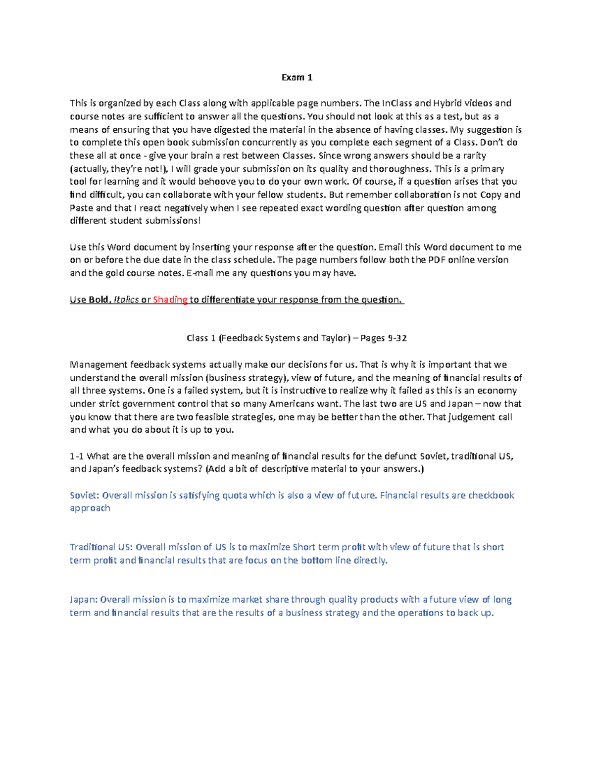 Exam-1 - EXAM ANSWERS IN THE DOCUMENT: Class 1 (Feedback Systems and ...