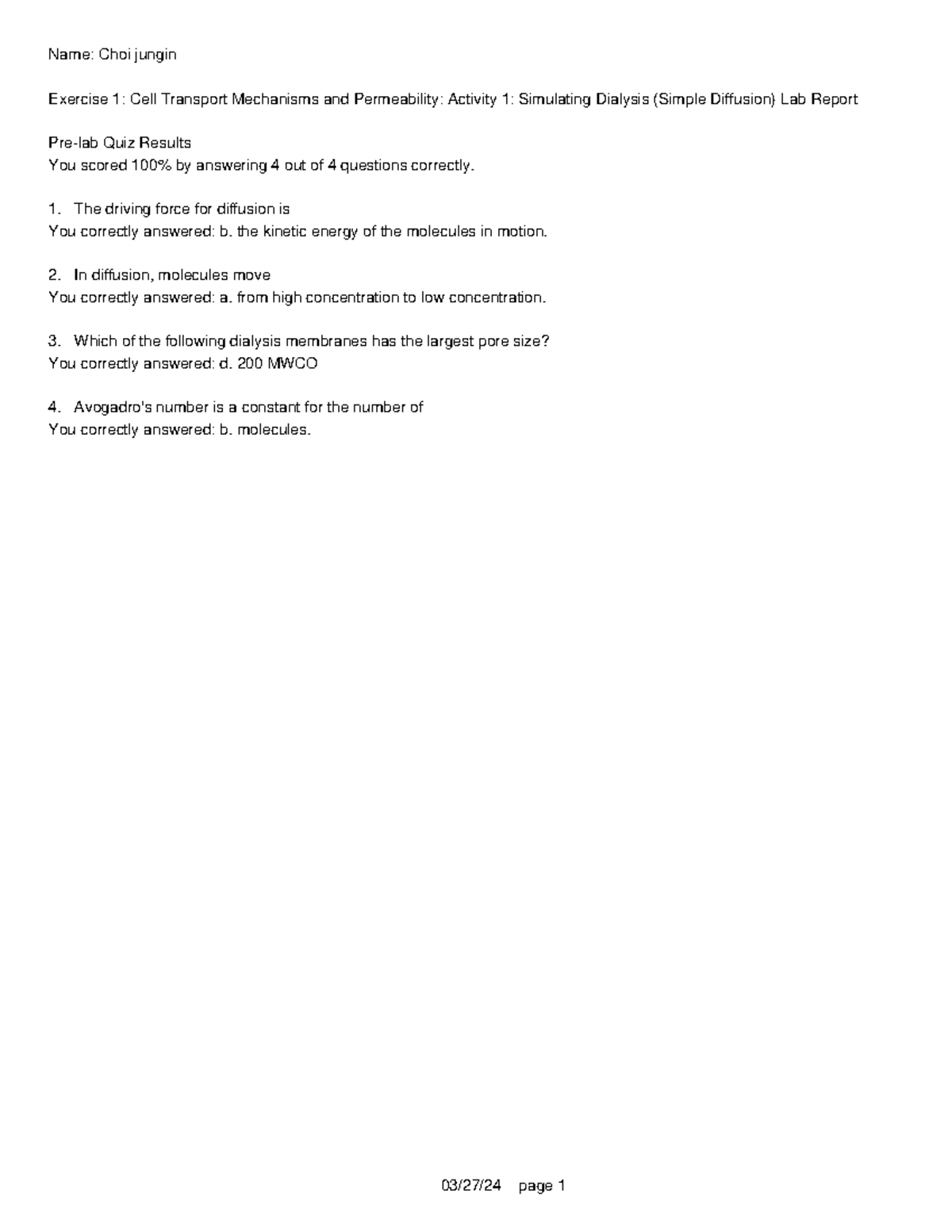 PEX-01-01 - Name: Choi jungin Exercise 1: Cell Transport Mechanisms and Permeability: Activity 1 ...