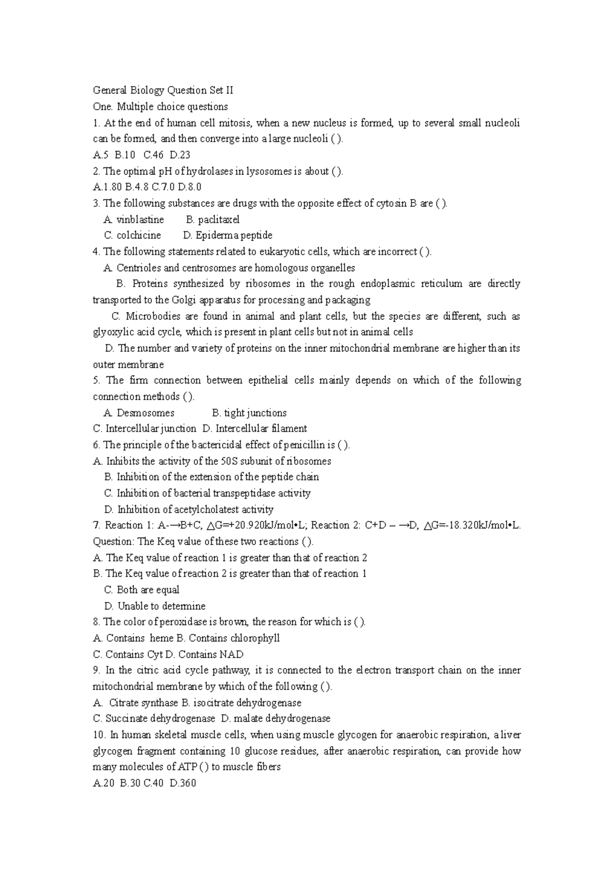 General Biology Question Set II BIOL160 - General Biology Question Set ...