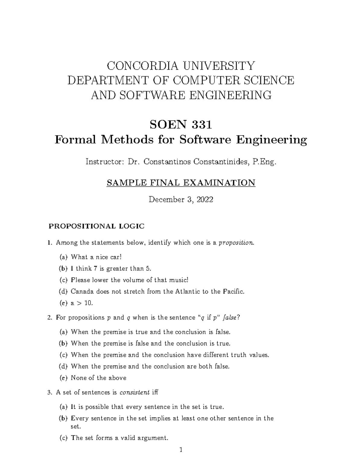 331sample Final without Soln 1 1 - CONCORDIA UNIVERSITY DEPARTMENT OF COMPUTER SCIENCE AND ...