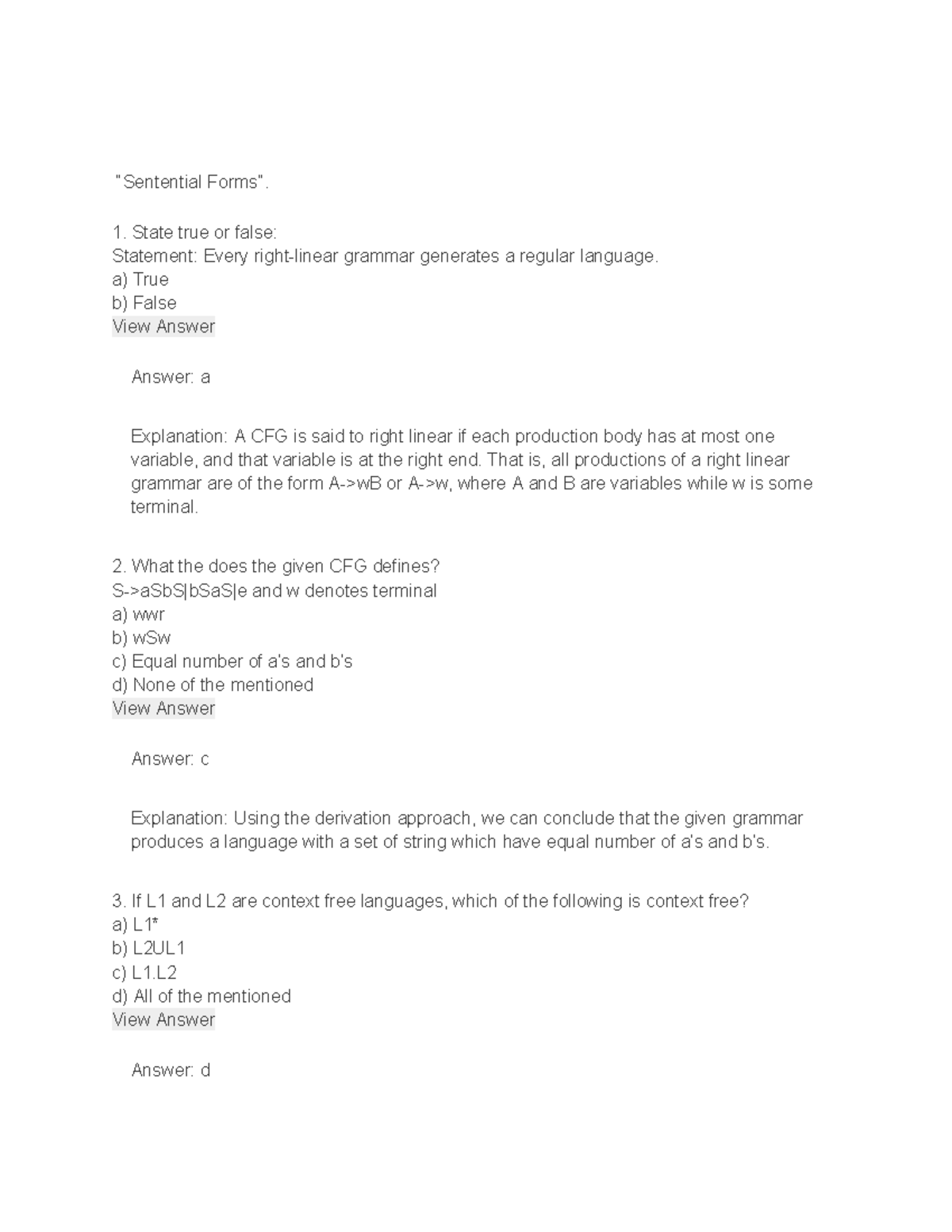 Theory of computation (34) - “Sentential Forms”. State true or false ...