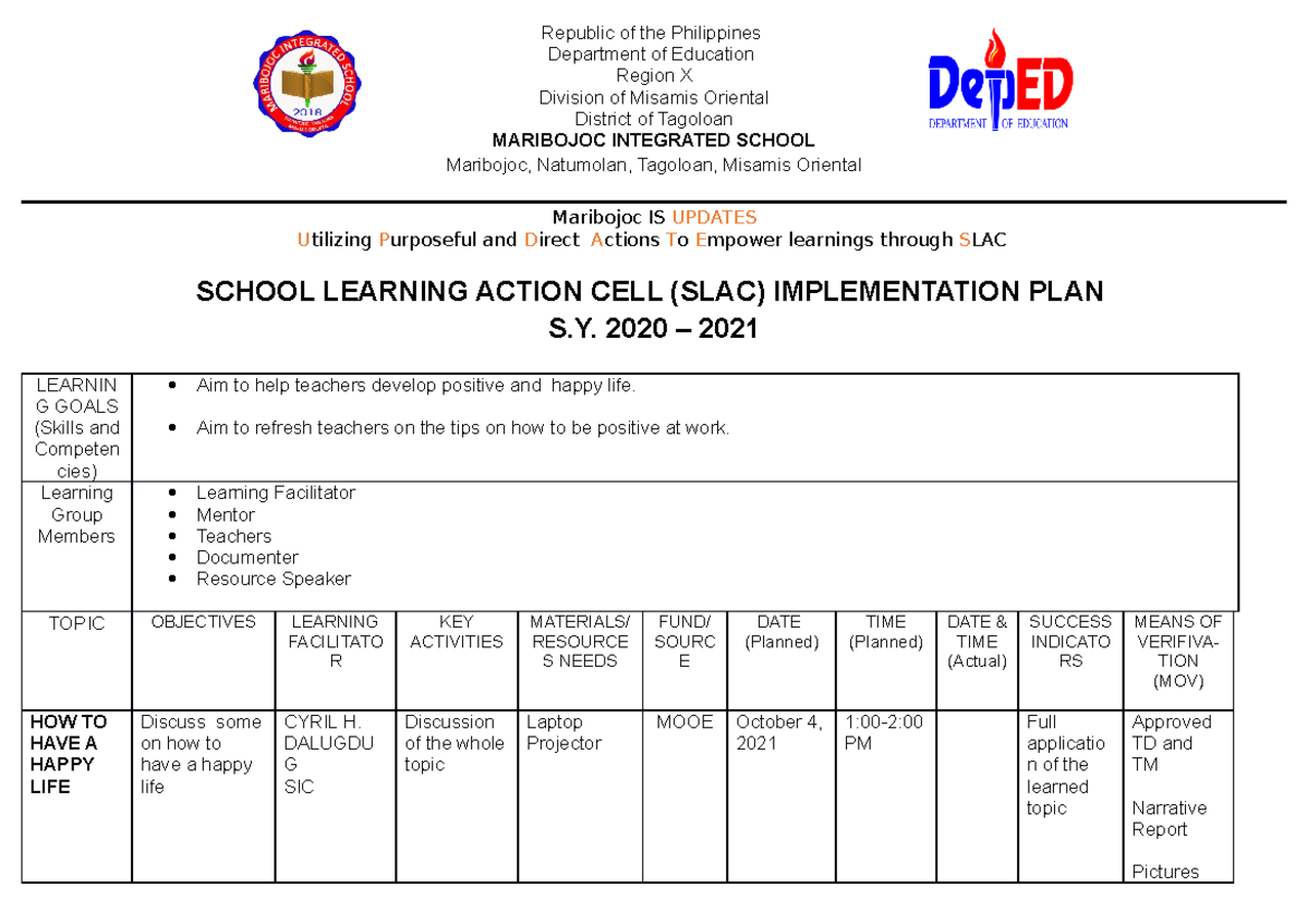 SLAC Plan Professional Development Republic Of The Philippines