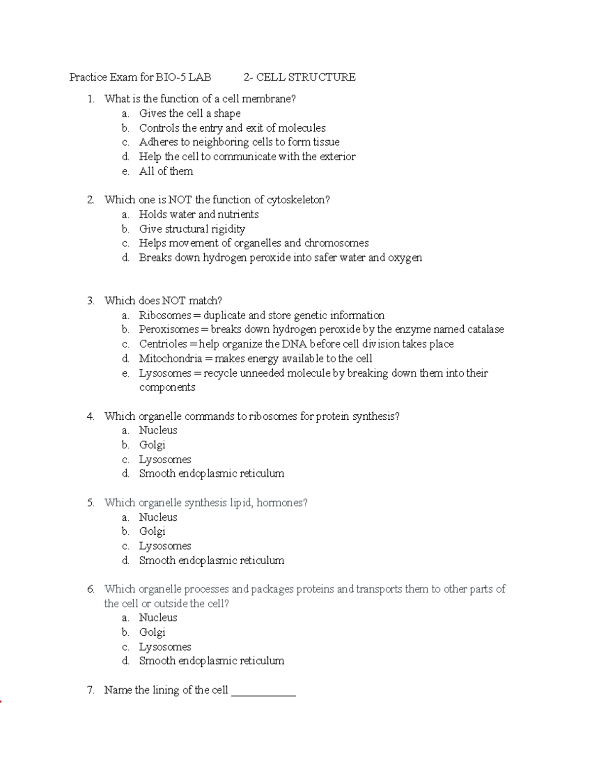 Practice test 2. Cell - Practice Exam for BIO-5 LAB 2- CELL STRUCTURE 1 ...
