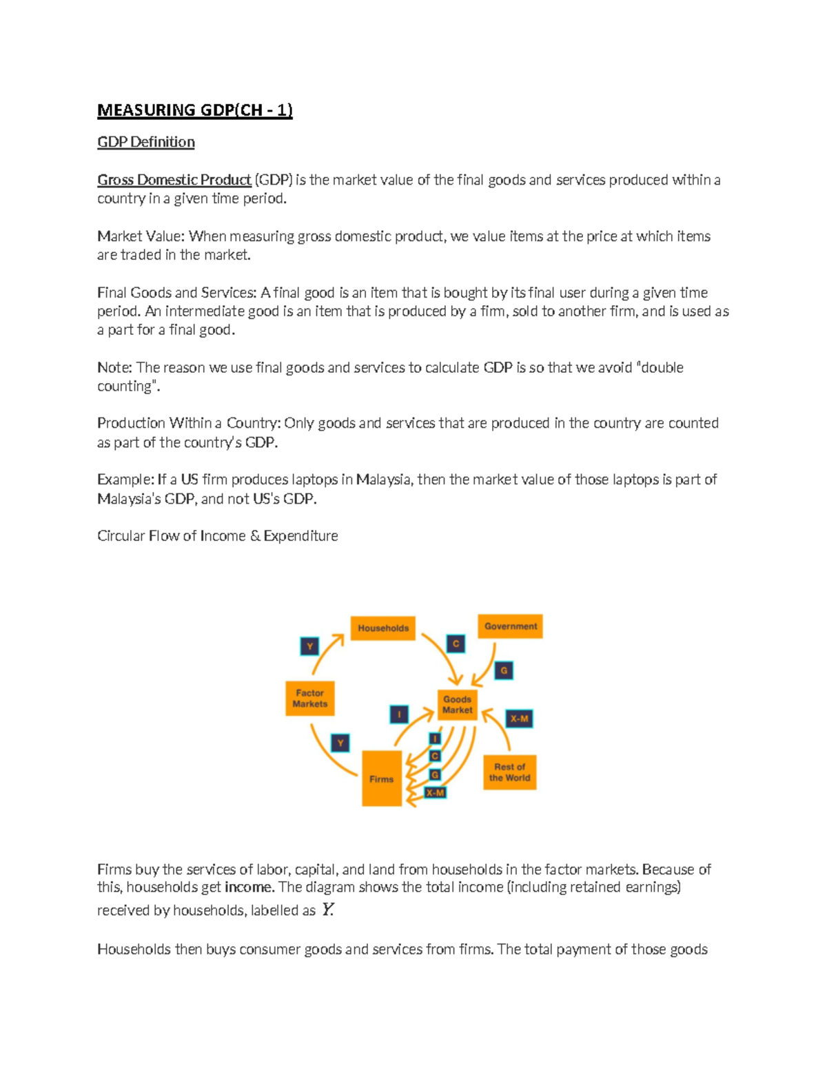 Document 6 - CH1-CH2 econ 203 notes - MEASURING GDP(CH - 1) GDP ...