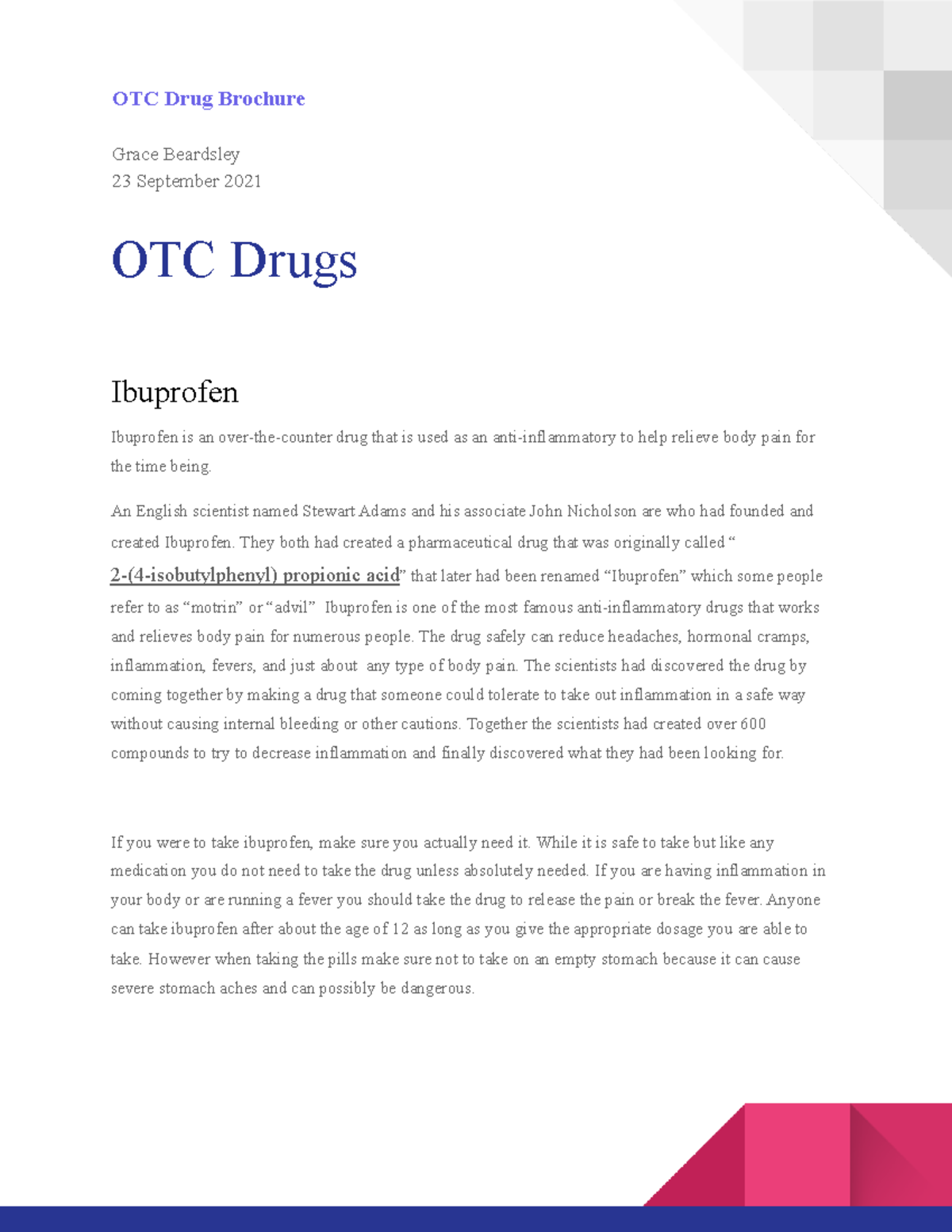 OTC drugs Brochure assignment (Motrin and Benadryl) - OTC Drug Brochure ...