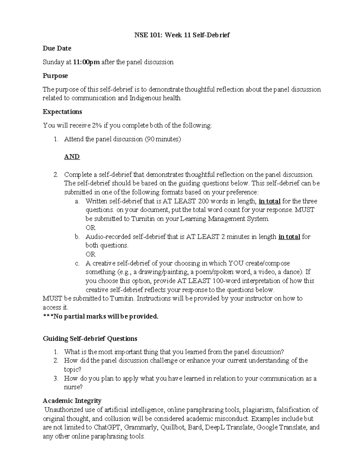 NSE 101 Week 11- Indigenous panel - self debrief Final May 9, 2024 ...