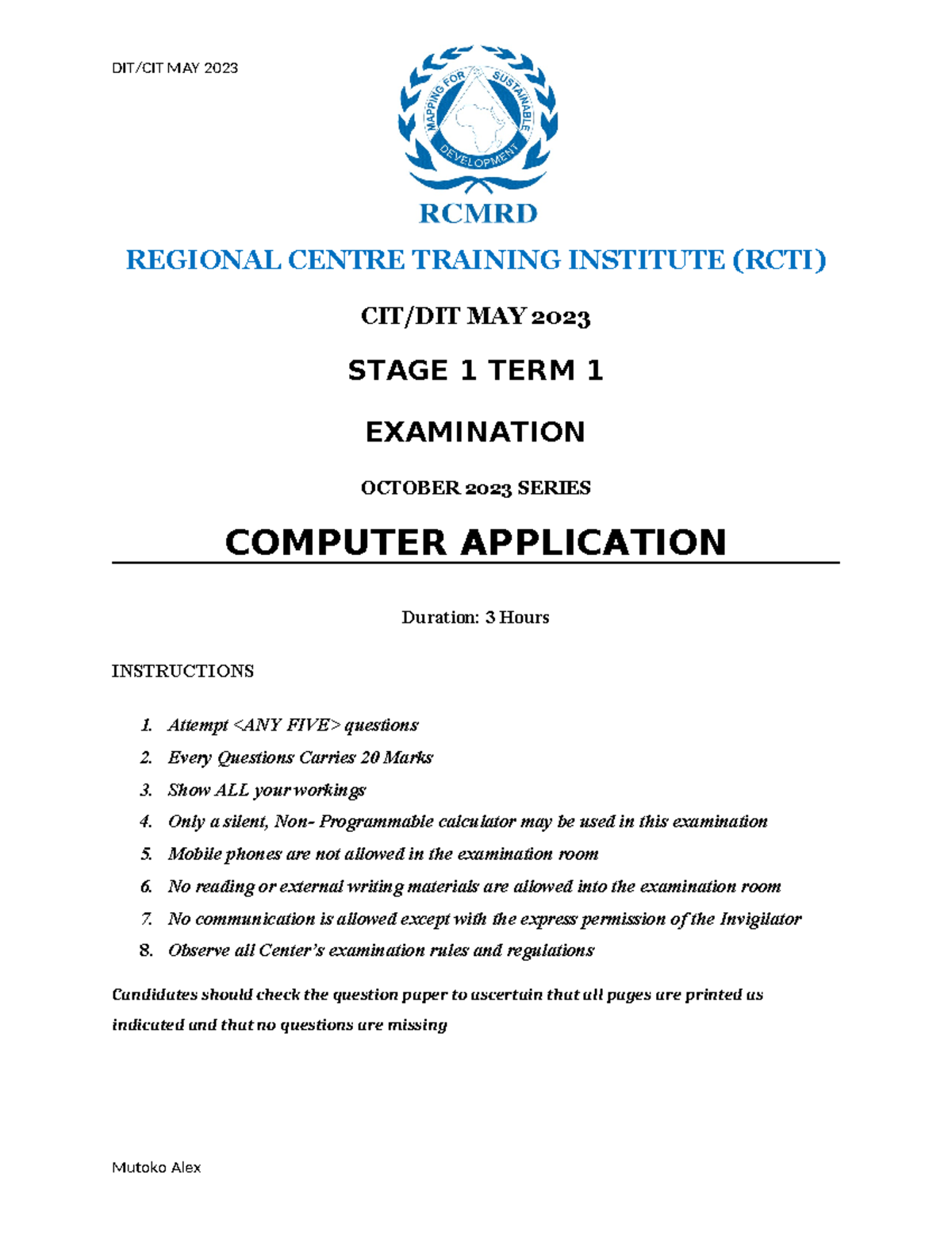 CIT DIT Computer Application - DIT/CIT MAY 2023 REGIONAL CENTRE ...