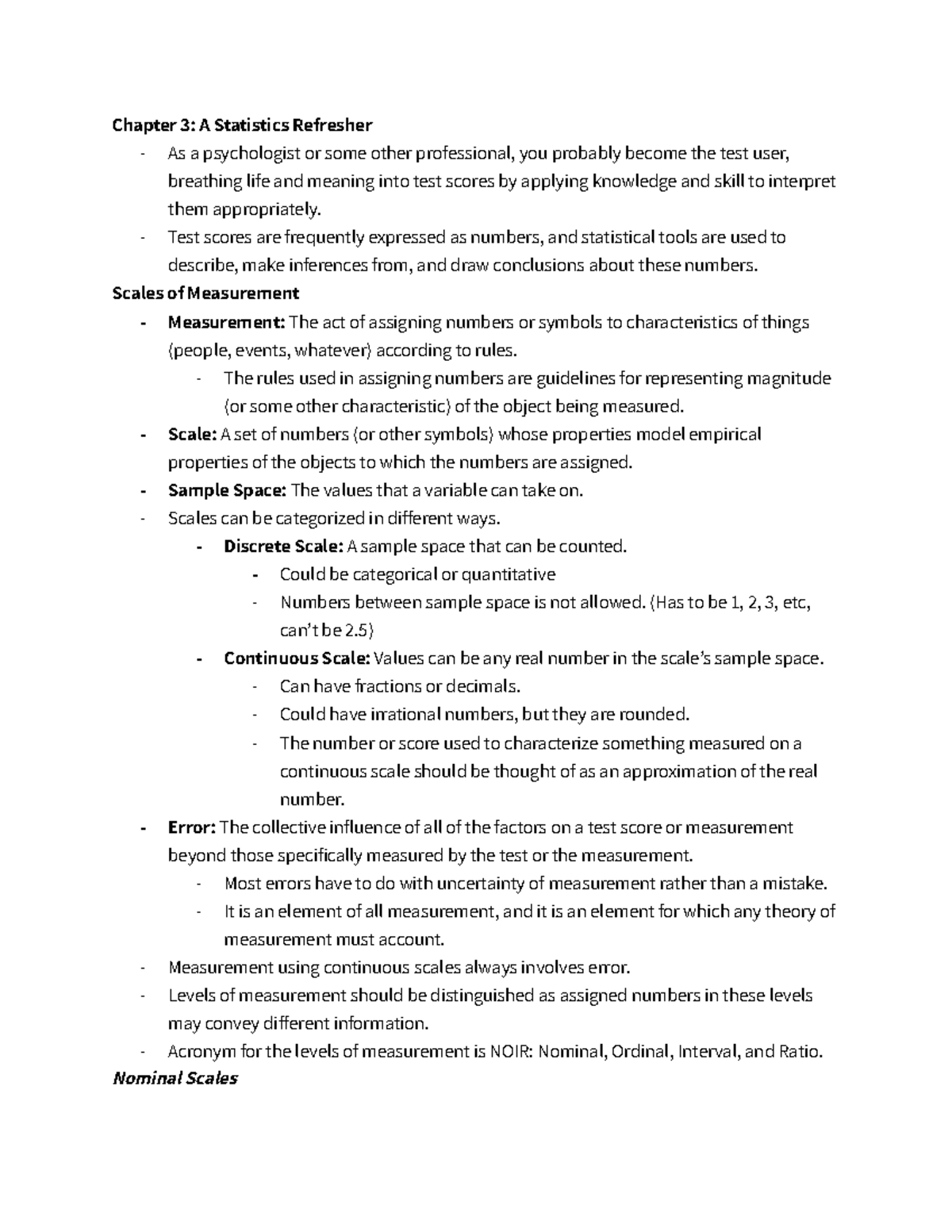 Chapter 3 Notes - Chapter 3: A Statistics Refresher - As a psychologist ...