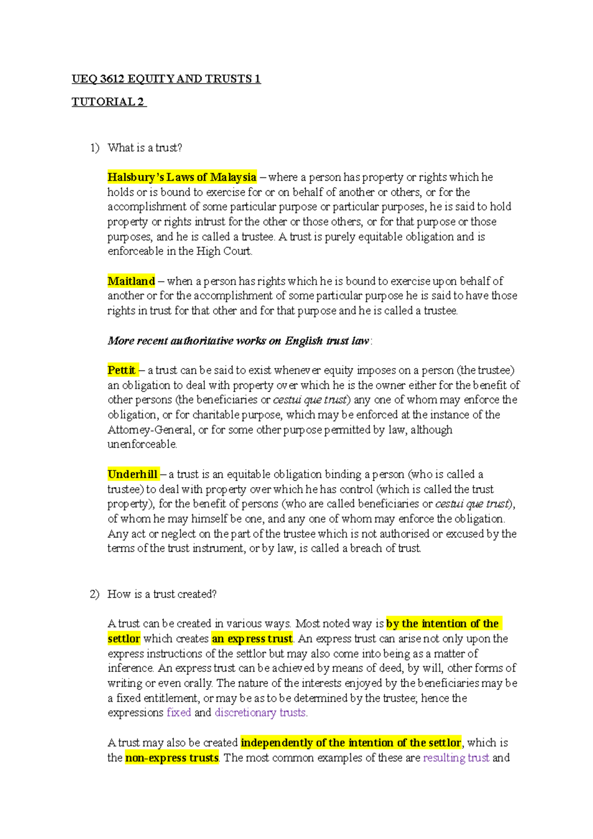 Tutorial 2- answers - UEQ 3612 EQUITY AND TRUSTS 1 TUTORIAL 2 What is a ...