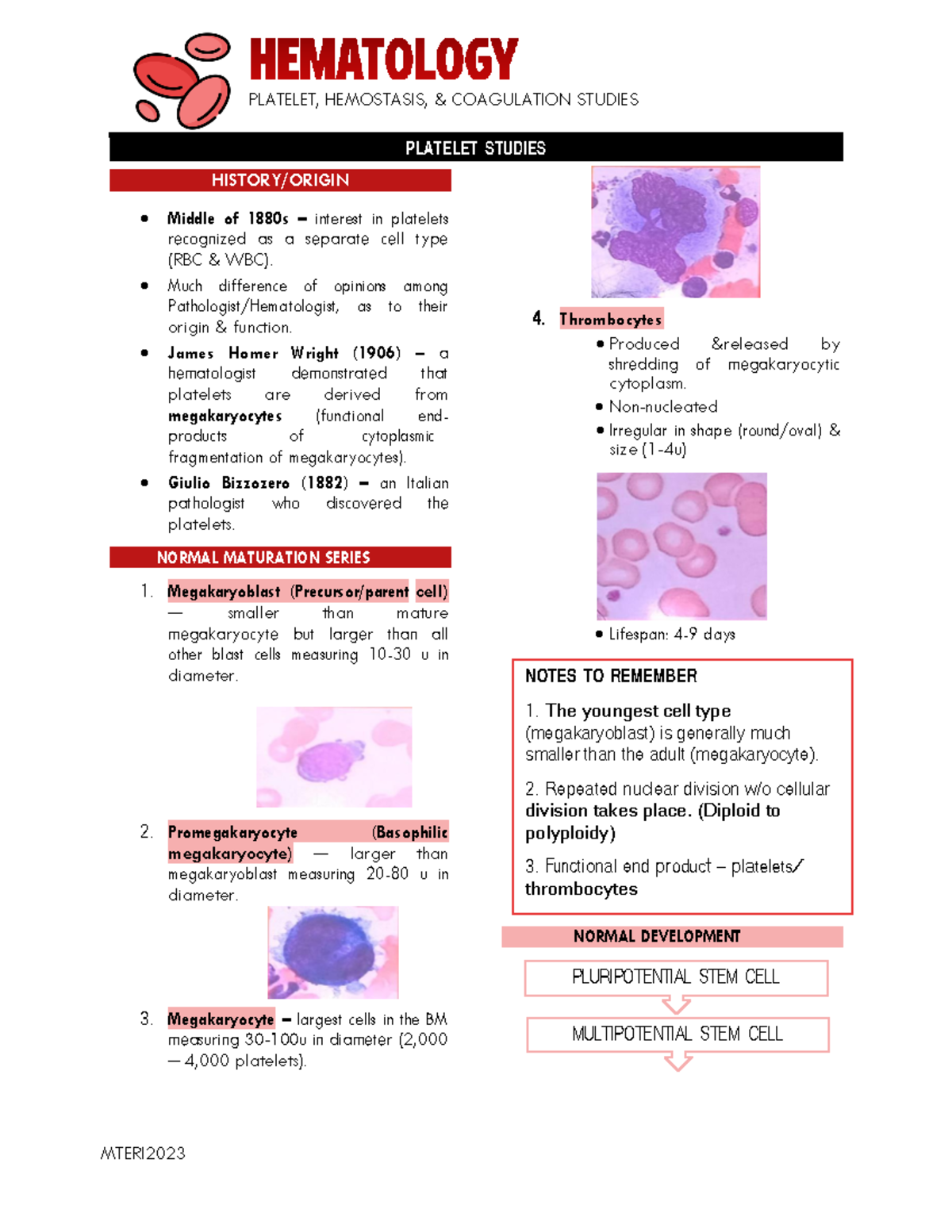 Platelet Studies - Hematology 2 - NOTES TO REMEMBER The youngest cell ...