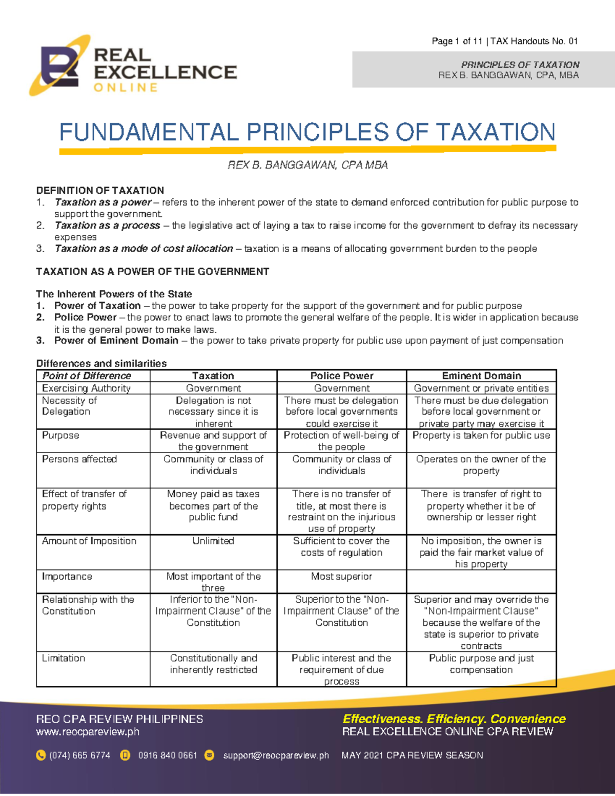 REO Fundamental Principles of Taxation - PRINCIPLES OF TAXATION REX B. BANGGAWAN, CPA, MBA - Studocu