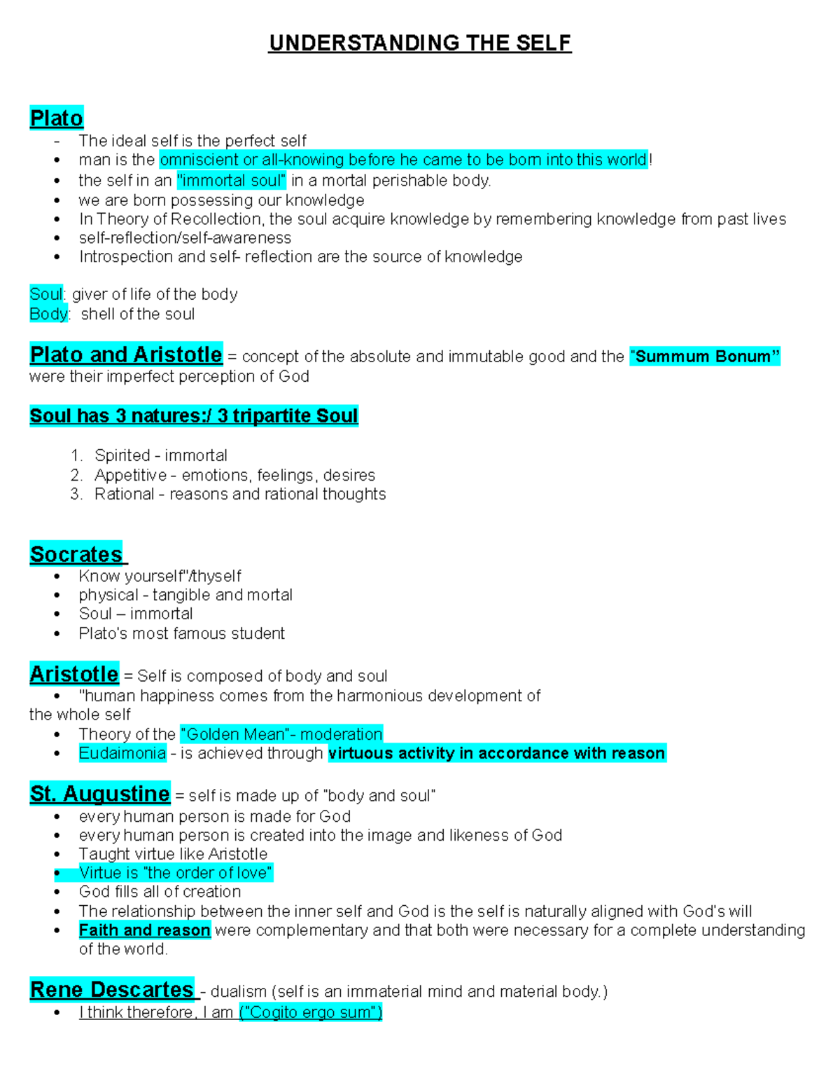 Understanding the Self Reviewer - UNDERSTANDING THE SELF Plato The ideal self is the perfect ...