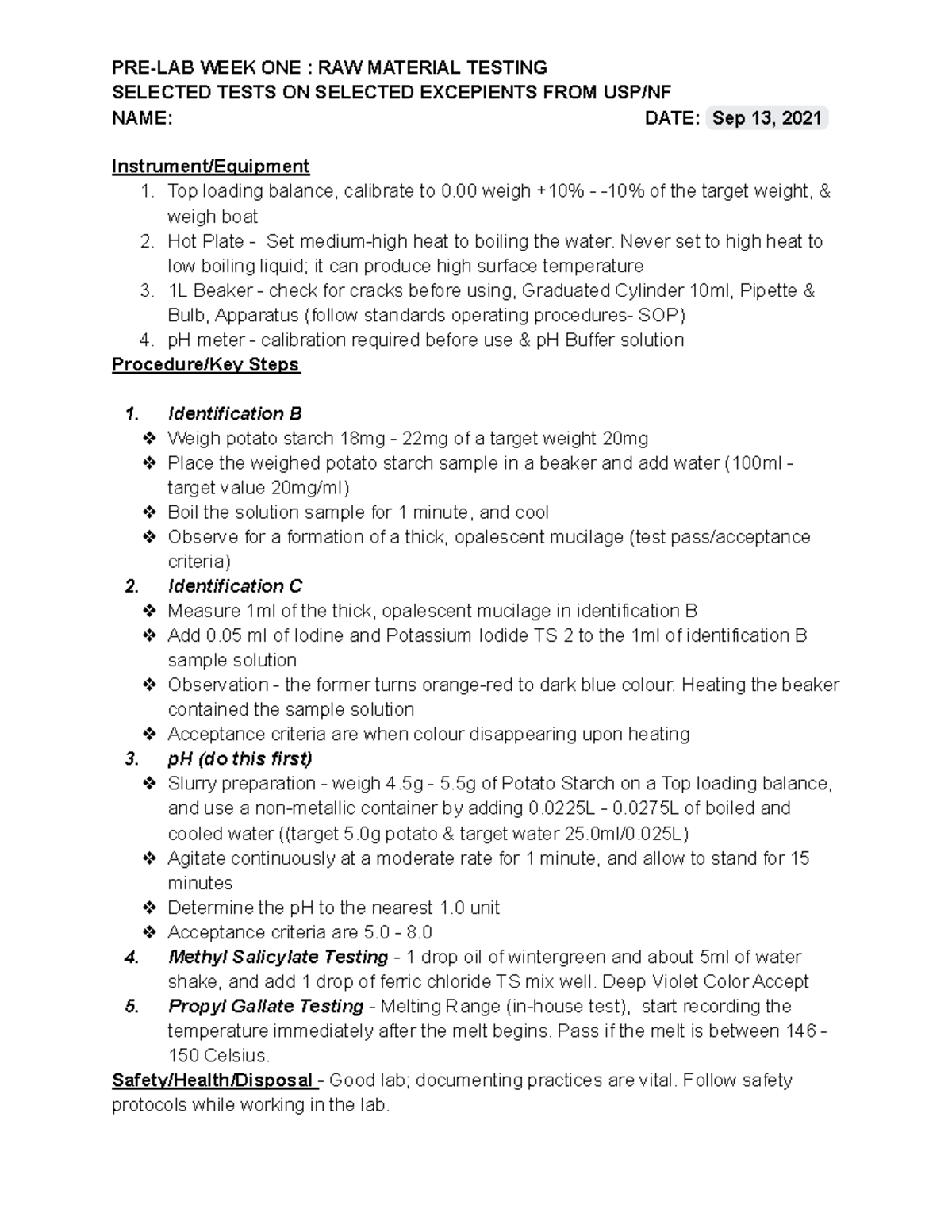 Pre Lab - PHRM 1103 (Raw Material Testing USP NF) - PRE-LAB WEEK ONE ...