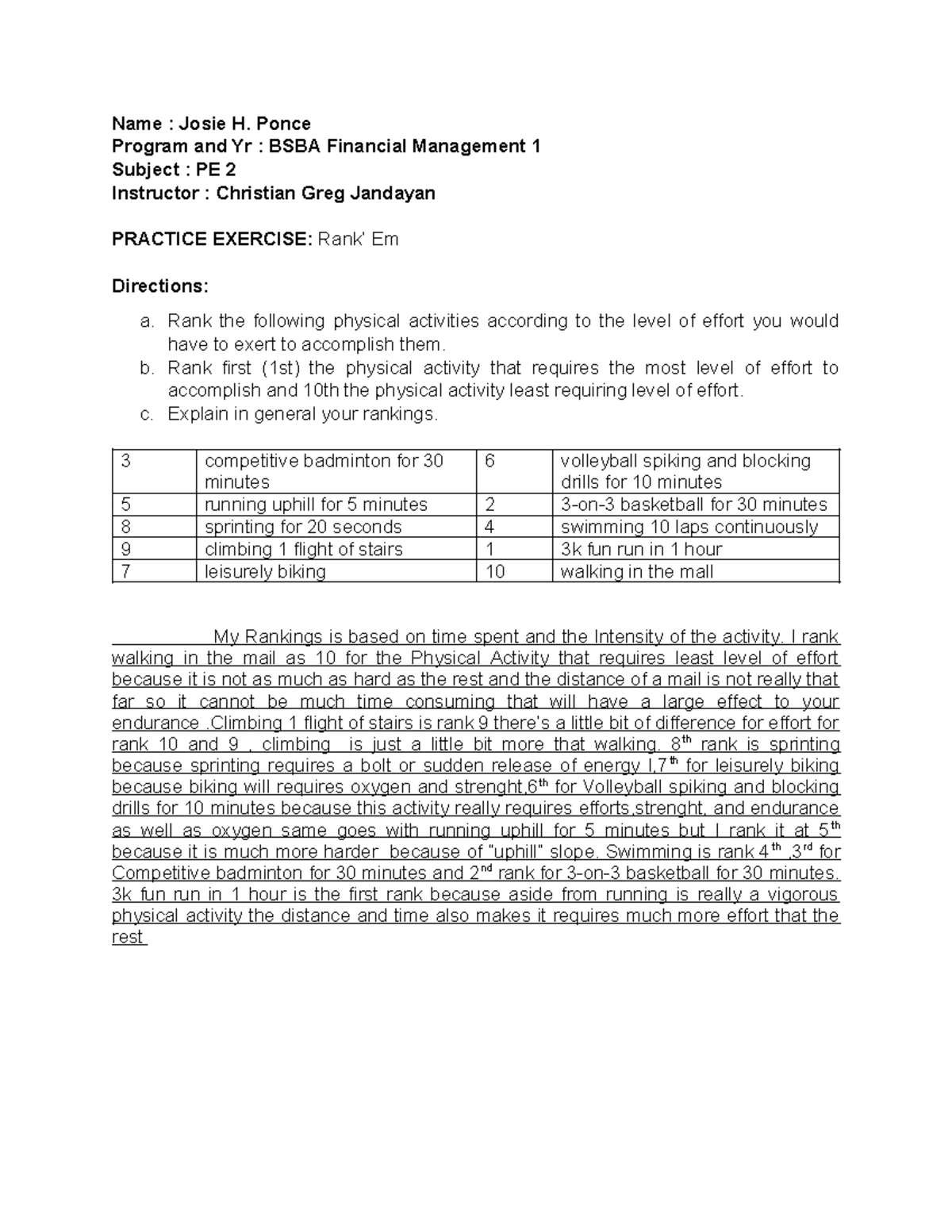 PE2 Practice- Exercise-5 Finals - Name : Josie H. Ponce Program and Yr ...