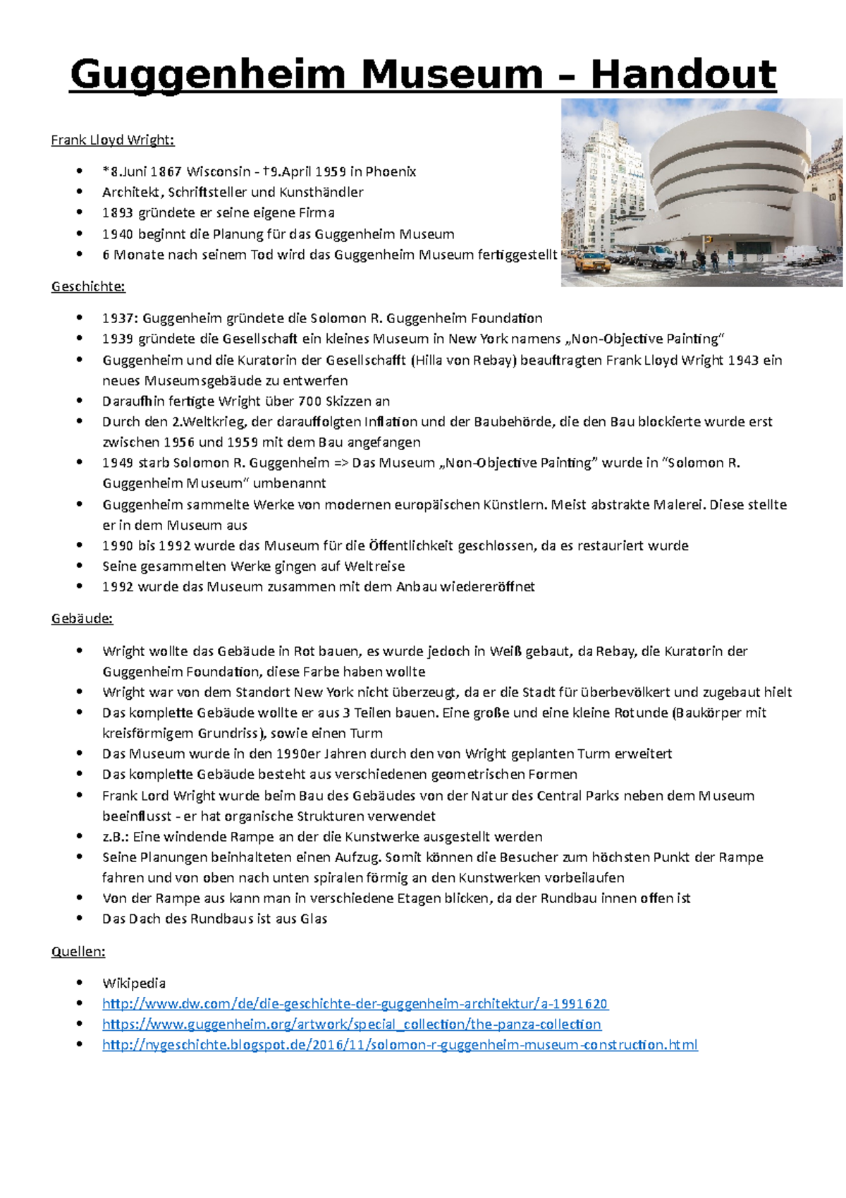 Guggenheim Museum - Handout - Guggenheim Museum – Handout Frank Lloyd ...
