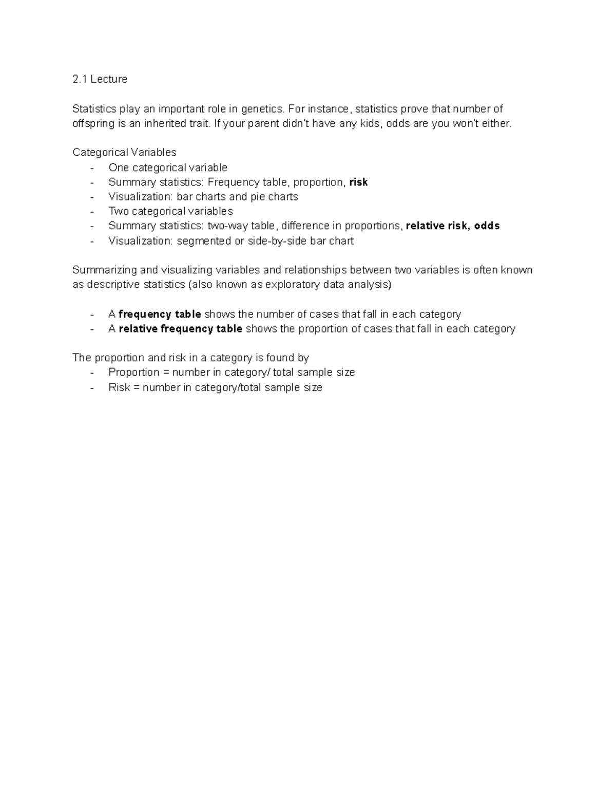 2,1 Lecture - Key Concepts - 2 Lecture Statistics play an important role in genetics. For ...