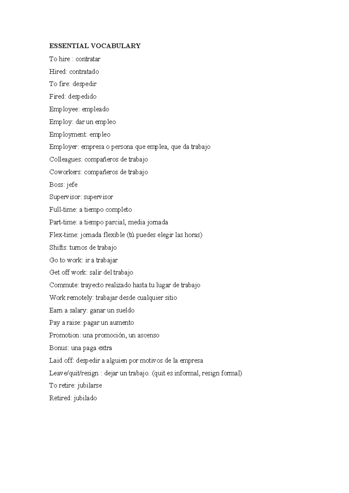 Basic JOB vocabulary - Vocabulario trabajo - ESSENTIAL VOCABULARY To ...