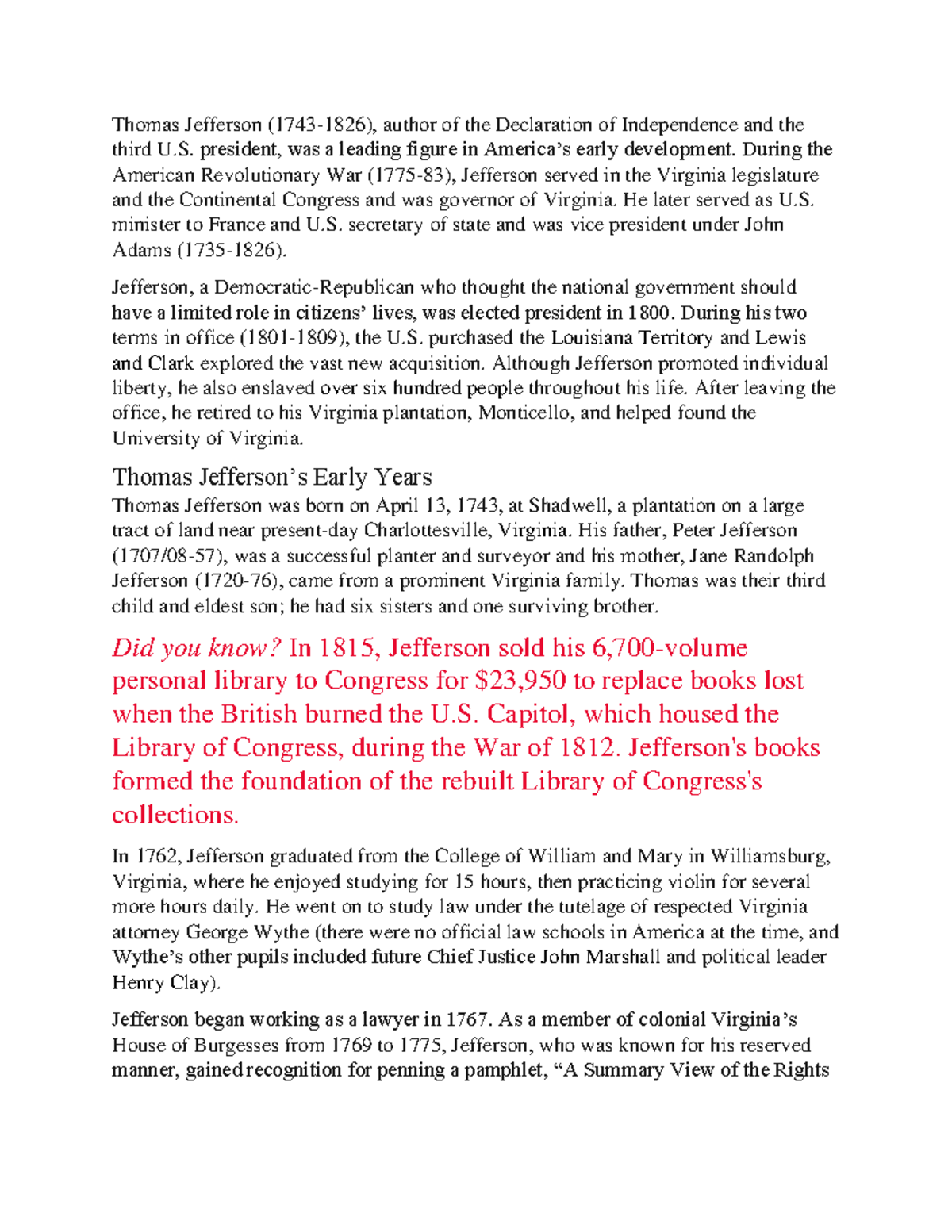 Thomas Jefferson Notes - Thomas Jefferson (1743-1826), author of the ...