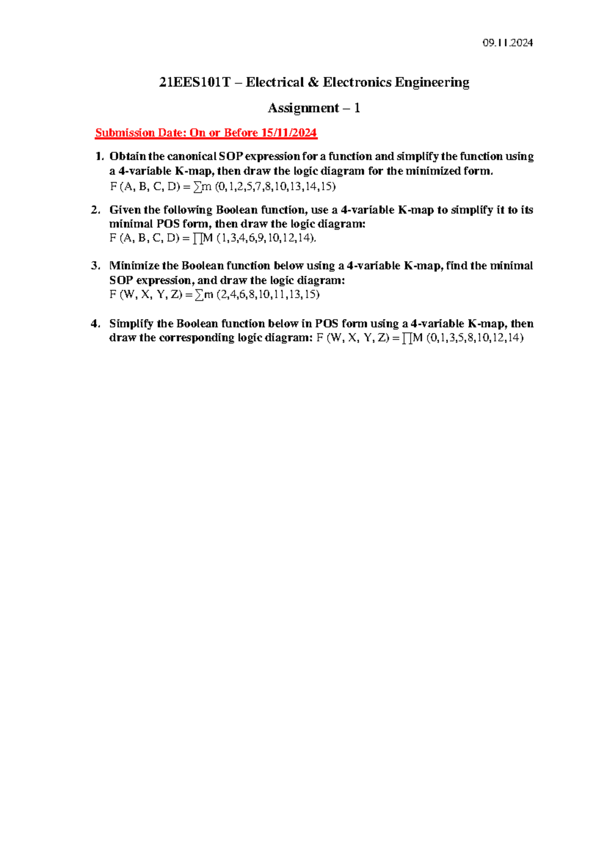 EEE Assignment - 1 - 21EES101T – Electrical & Electronics Engineering Assignment – 1 Submission ...