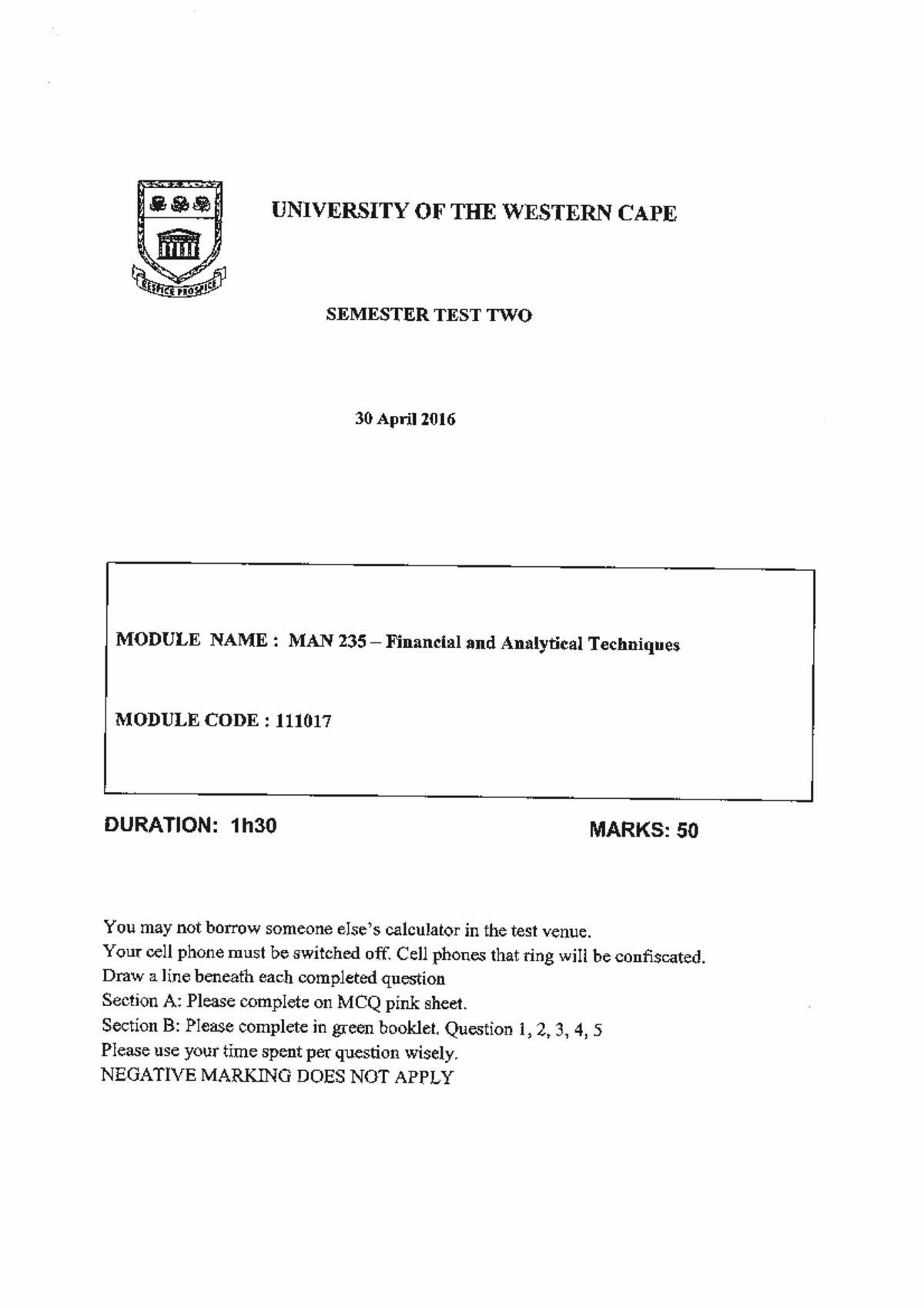 TEST 2 30 April 2016, questions - UNIVERSITY OF THE WESTERN CAPE ...