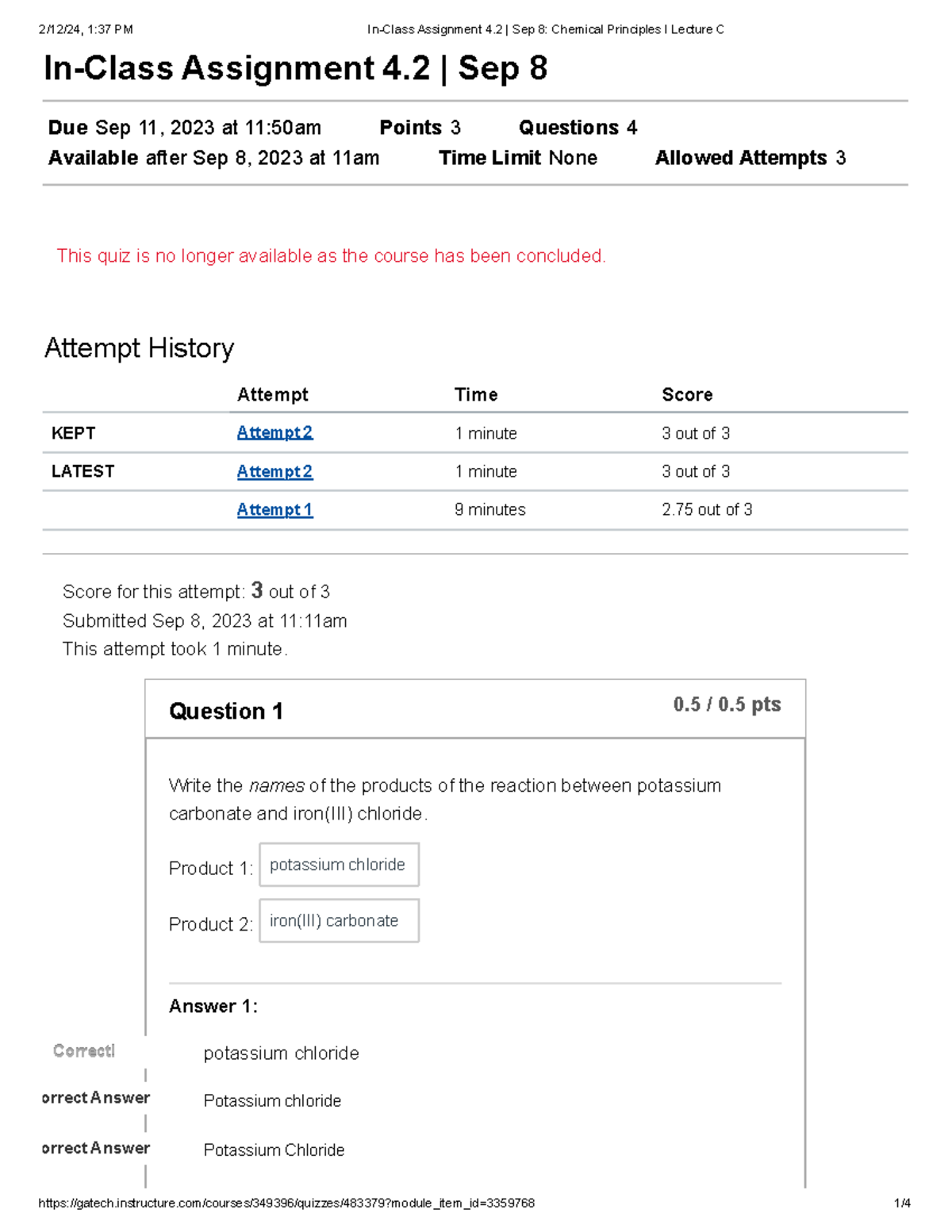 In-Class Assignment 4.2 Sep 8 Chemical Principles I Lecture C - In-Class Assignment 4 | Sep 8 ...