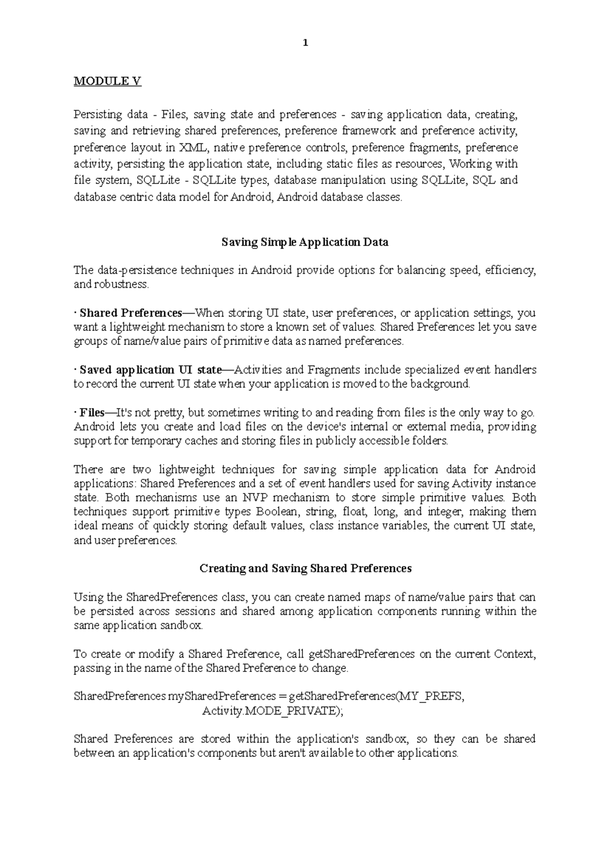 Android module 5 - MODULE V Persisting data - Files, saving state and preferences - saving - Studocu