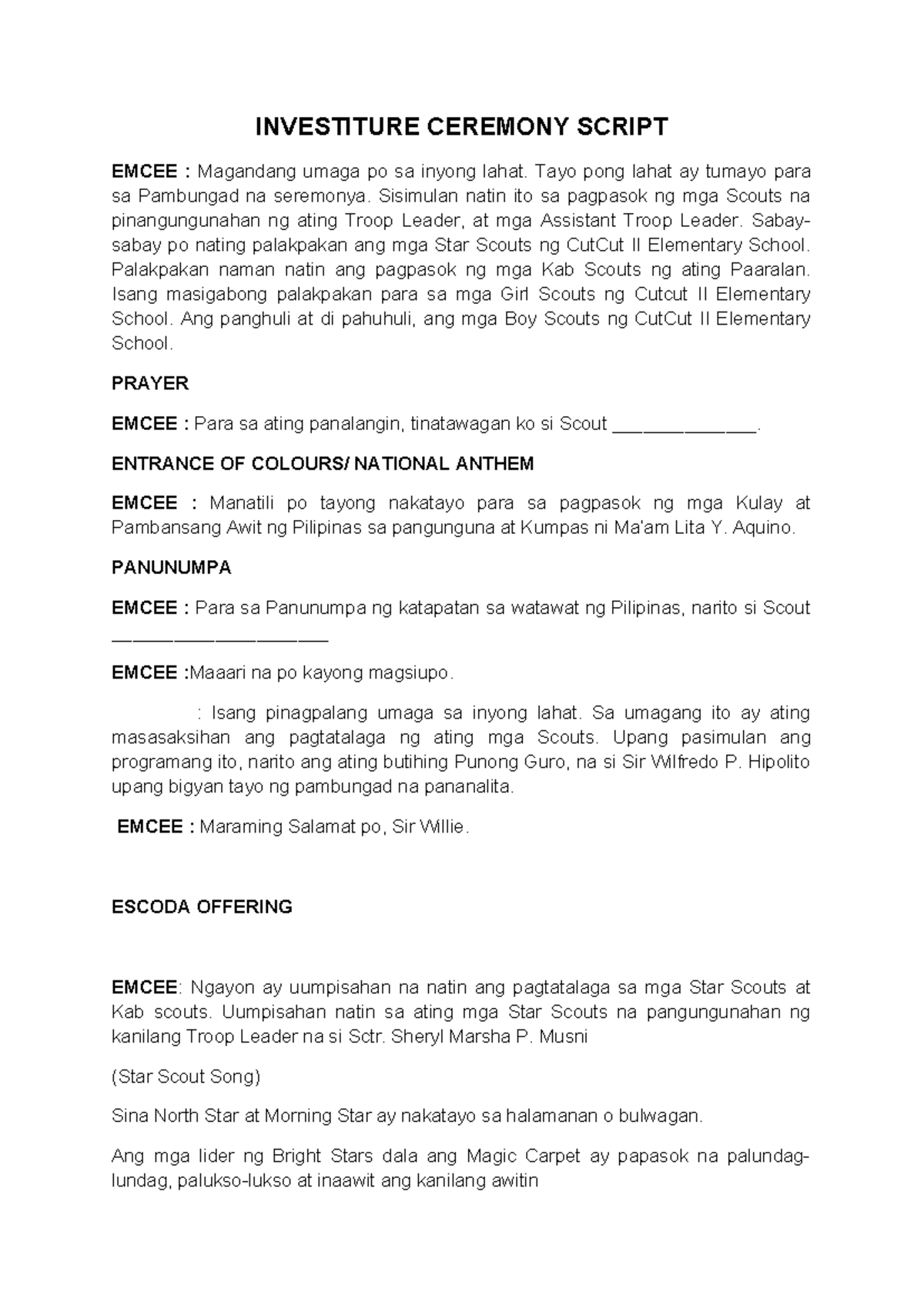 Investiture- Ceremony- Script - INVESTITURE CEREMONY SCRIPT EMCEE ...