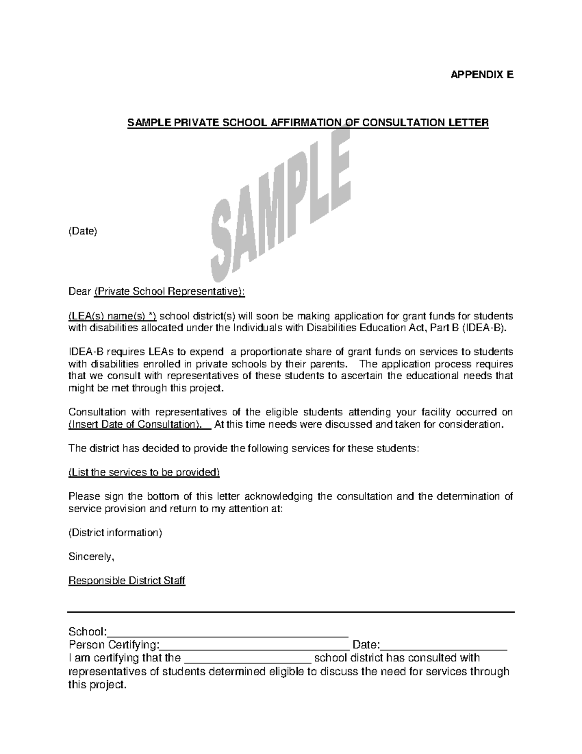 Sample Consultation Letter - APPENDIX E SAMPLE PRIVATE SCHOOL ...