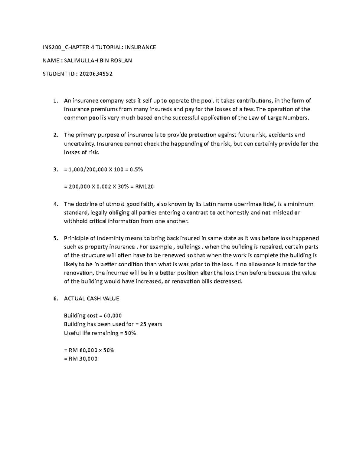 INS200 TT W5 - tutorial ins - INS200_CHAPTER 4 TUTORIAL: INSURANCE NAME : SALIMULLAH BIN ROSLAN ...
