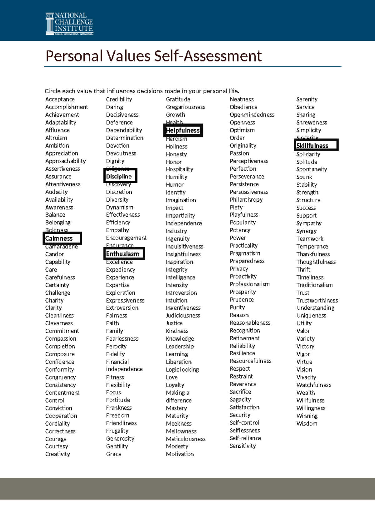 21bca034 HVP3 - defwefef - Personal Values Self-Assessment Circle each ...