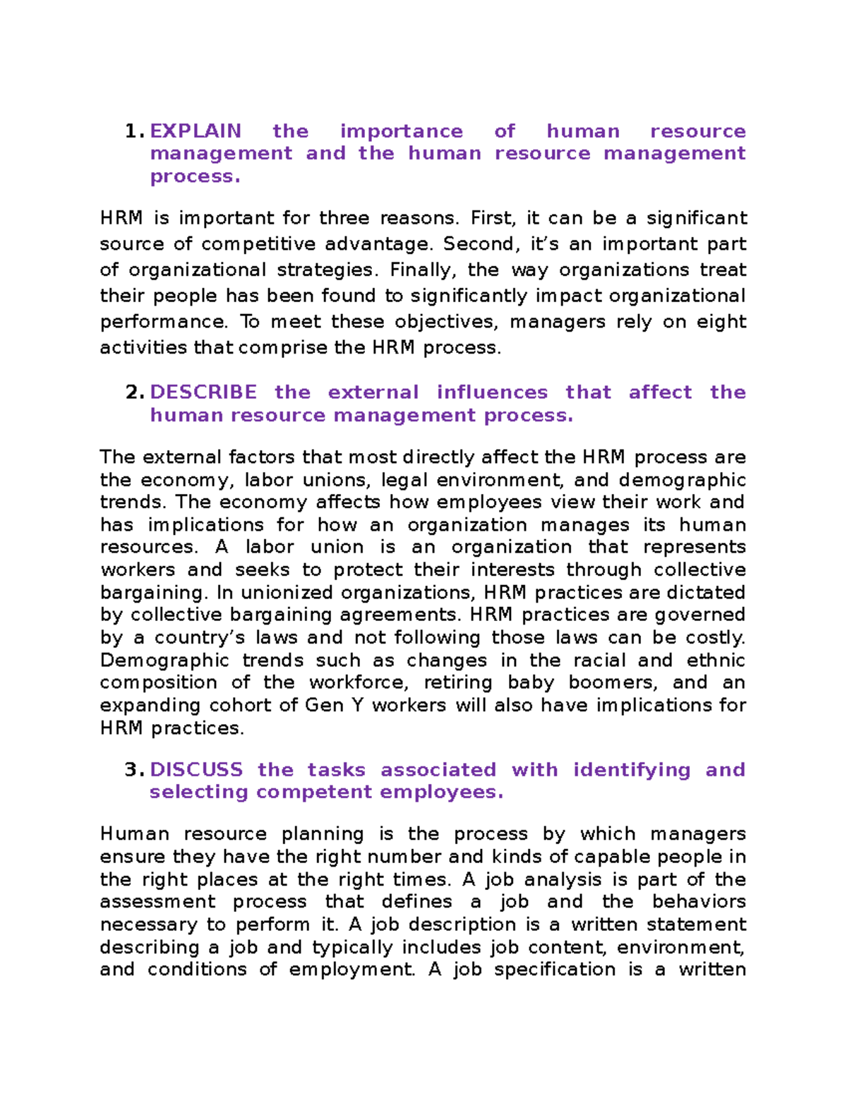 Summary - EXPLAIN the importance of human resource management and the ...