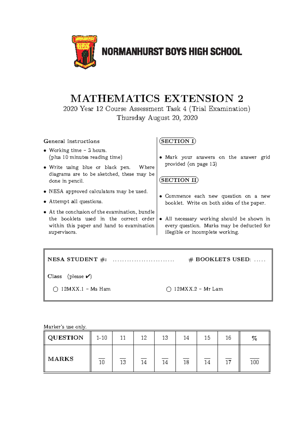 2020 4U - Normanhurst - Trial Paper (with Solutions) - MATHEMATICS ...