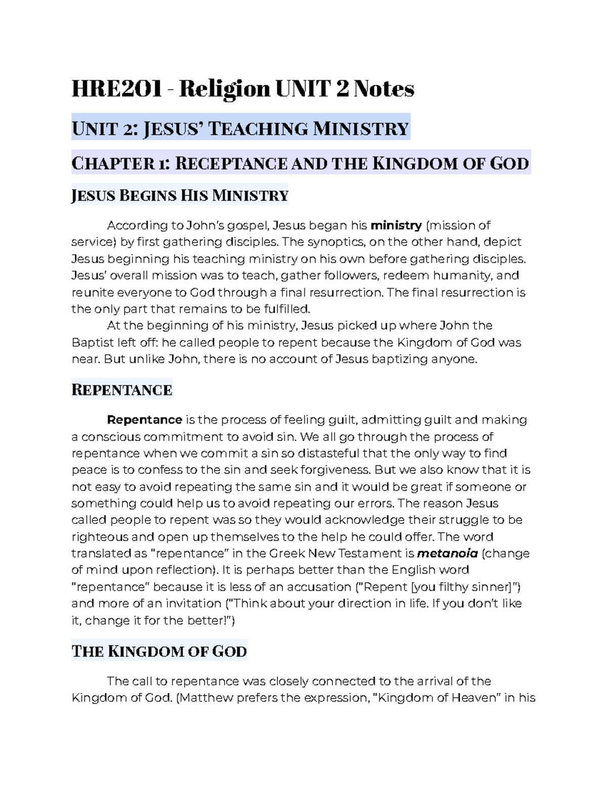 HRE2O1 - Religion UNIT 2 Notes - The synoptics, on the other hand ...