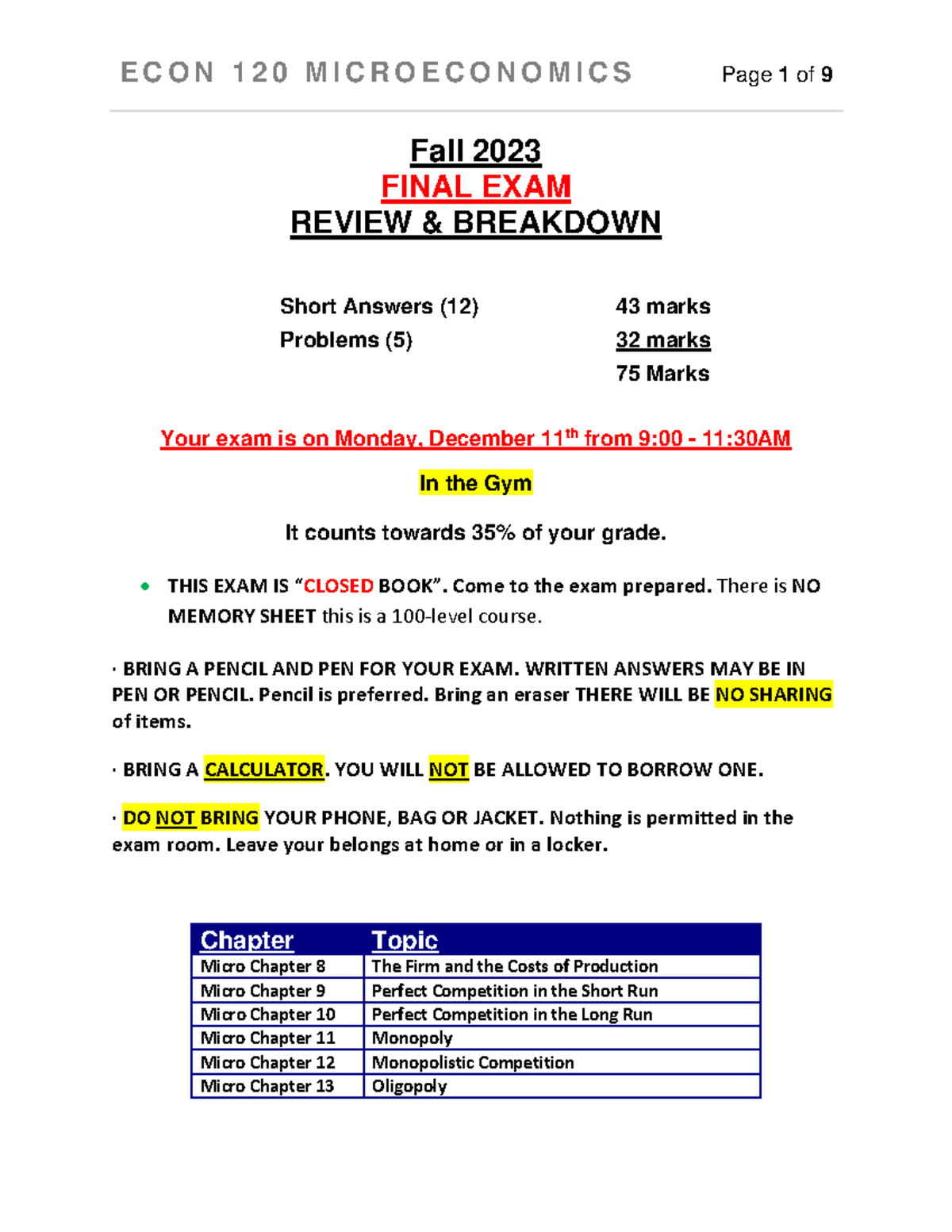 ECON 120 Final Review Breakdown F23 - Fall 2023 FINAL EXAM REVIEW ...