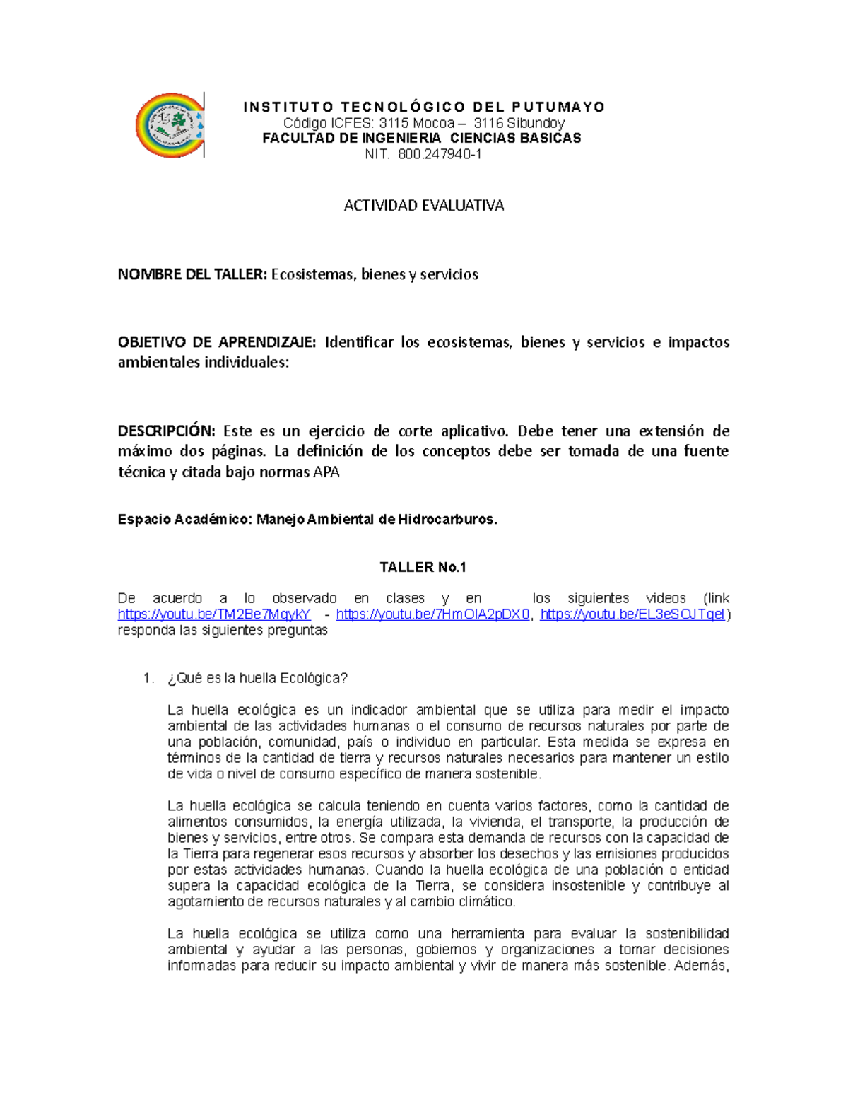 Taller No - te ayudara a estudiar - I N S T I T U T O T E C N O L Ó G I C O D E L P U T U M AY O ...