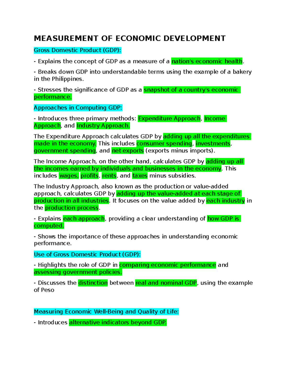Reviewer For EcoDev - MEASUREMENT OF ECONOMIC DEVELOPMENT Gross Domestic Product (GDP): Explains ...