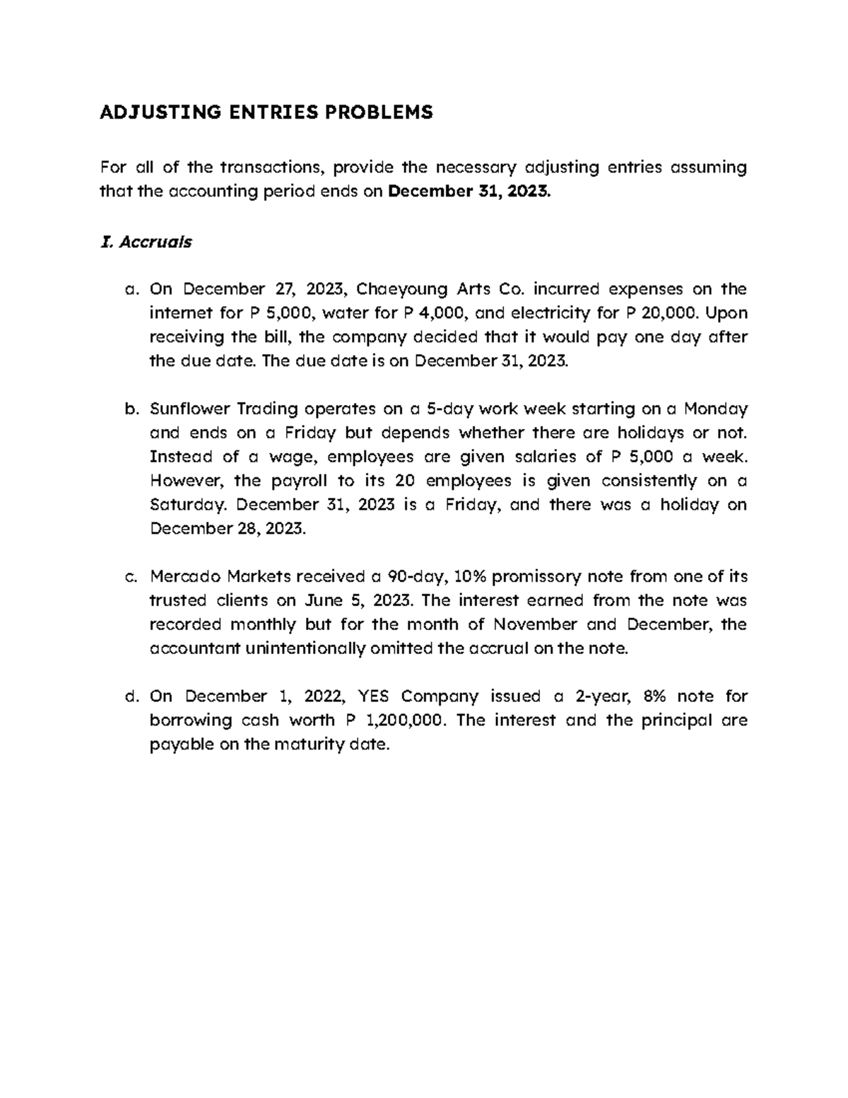 Adjusting Entries Problems - Copy - ADJUSTING ENTRIES PROBLEMS For all ...