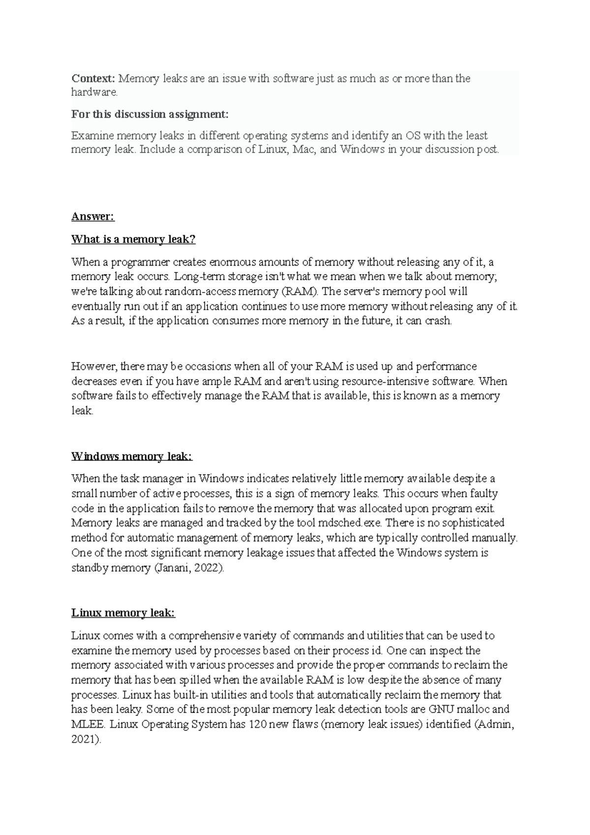 Discussion Assignment Unit 5 Context Memory Leaks Are An Issue With Software Just As Much As